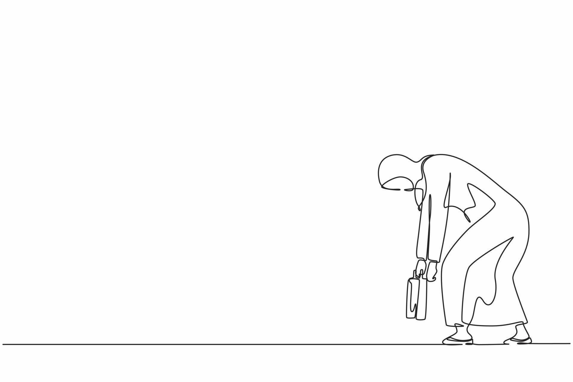 Single continuous line drawing sad Arab businesswoman bowed down. Woman ...