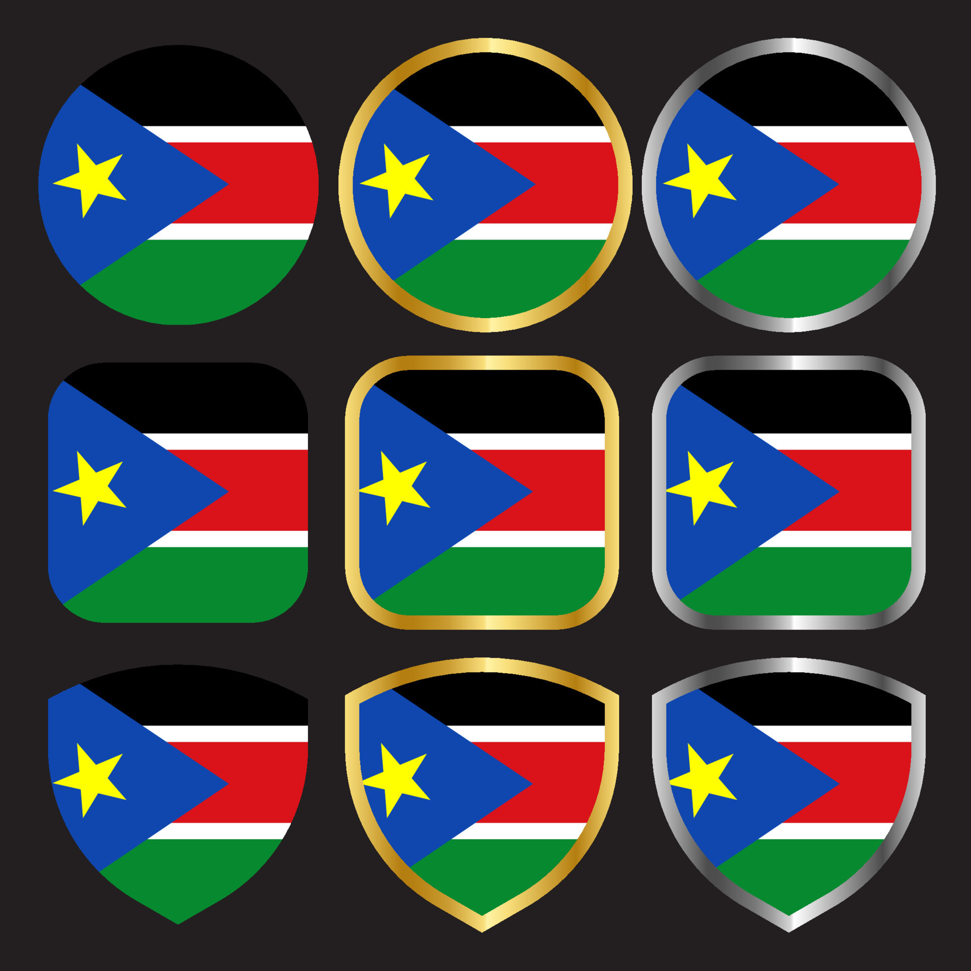 South Sudan Flag Vector Icon Set With Gold And Silver Border 10347981