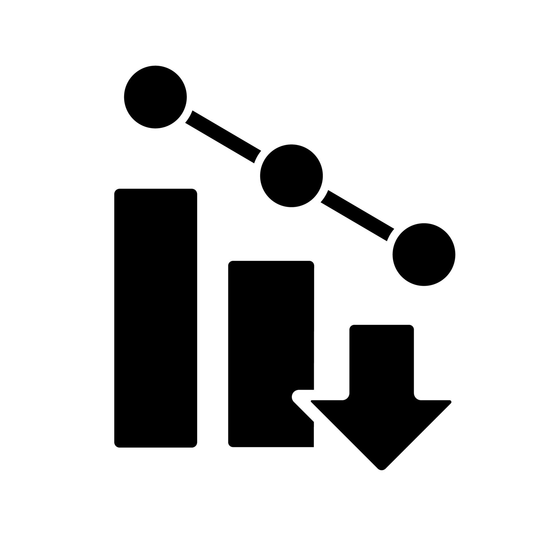Falling arrow black glyph icon. Poor performance. Business forecast and prediction. Decreasing ...