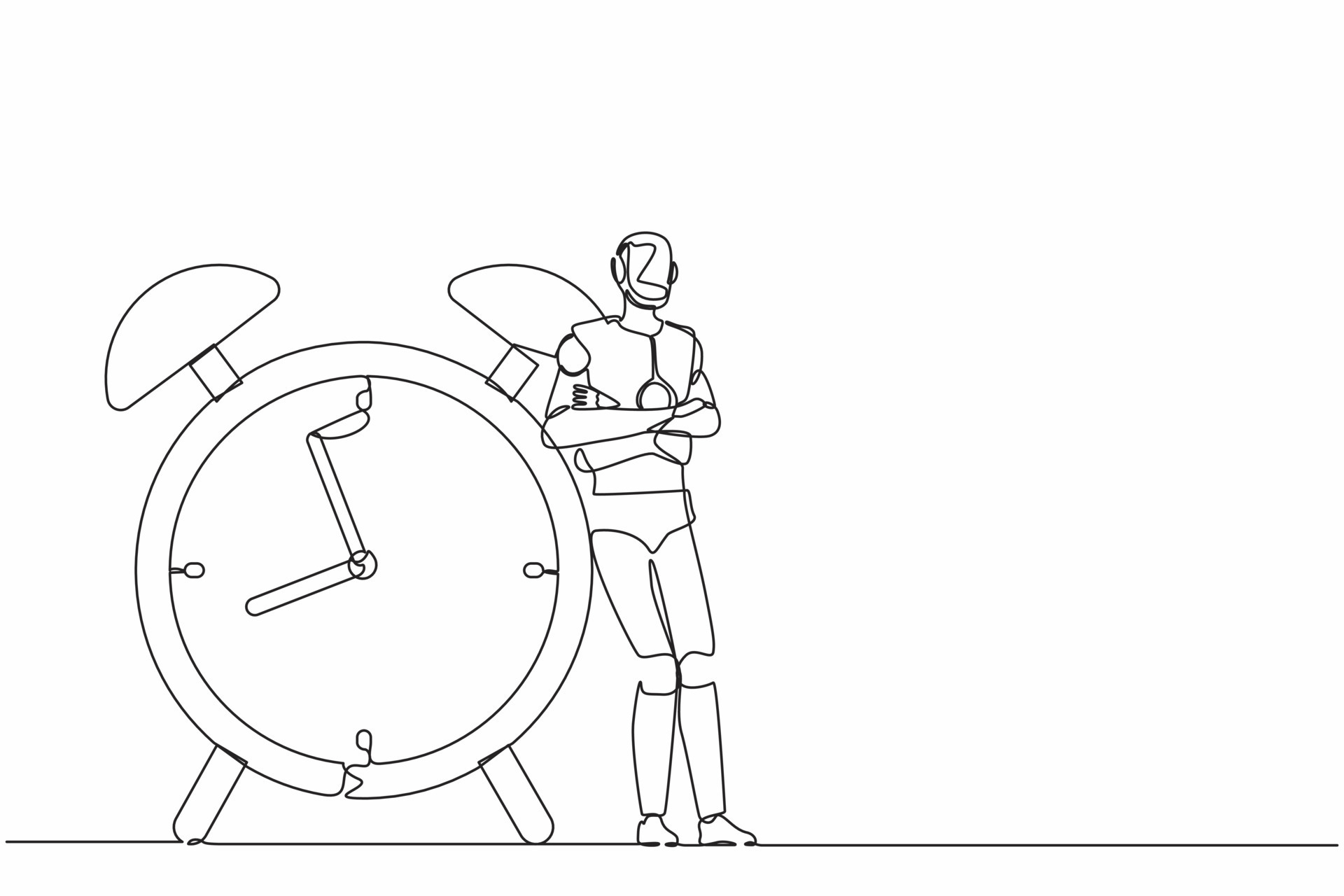 Single One Line Drawing Robots Lean On Huge Alarm Clock Modern Robotics Artificial Intelligence