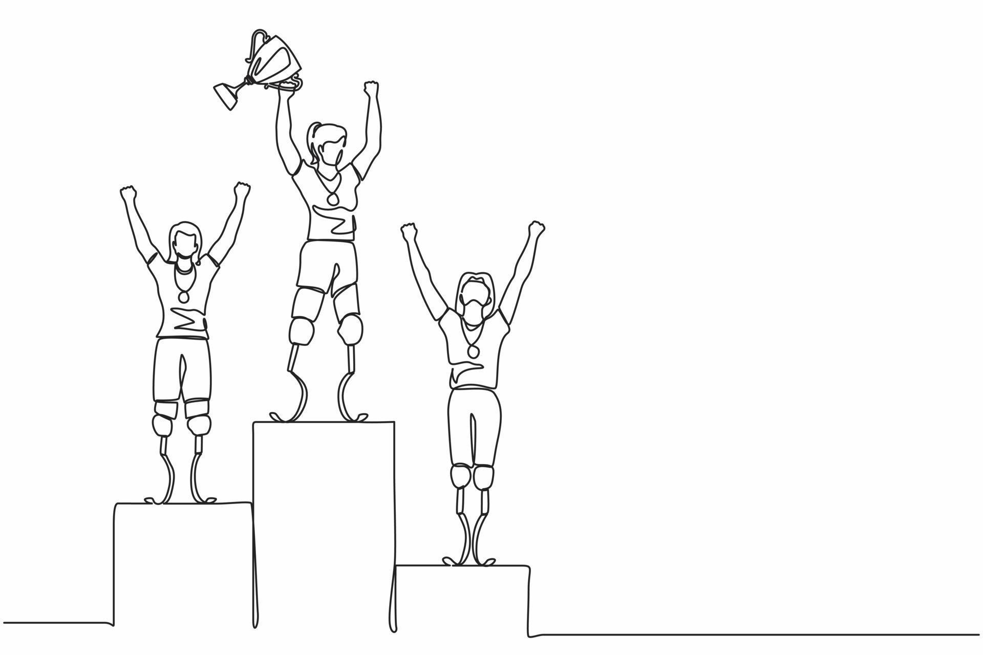 Single continuous line drawing disabled woman winning the competition ...