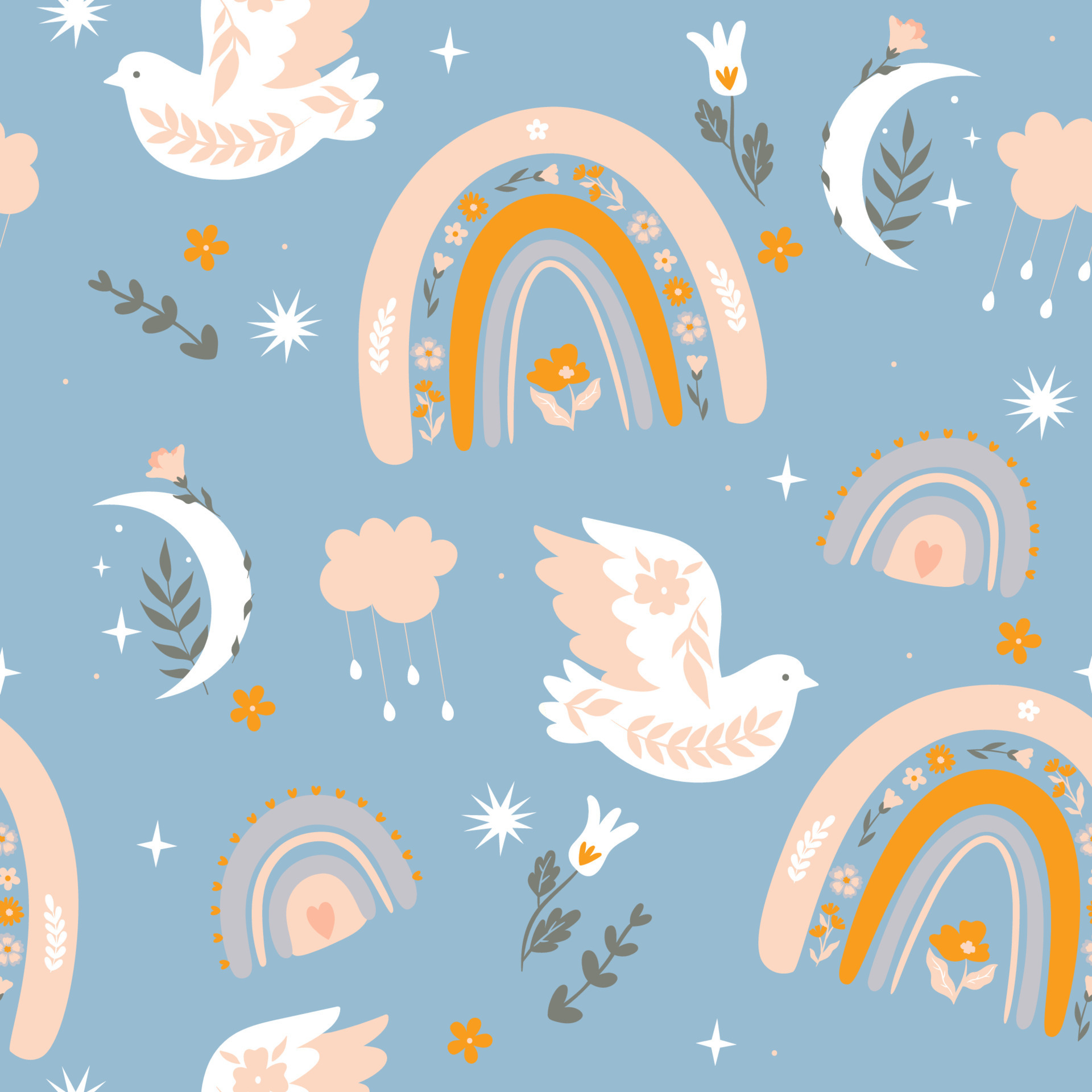 Seamless pattern in boho style with birds and rainbows. Vector graphics ...
