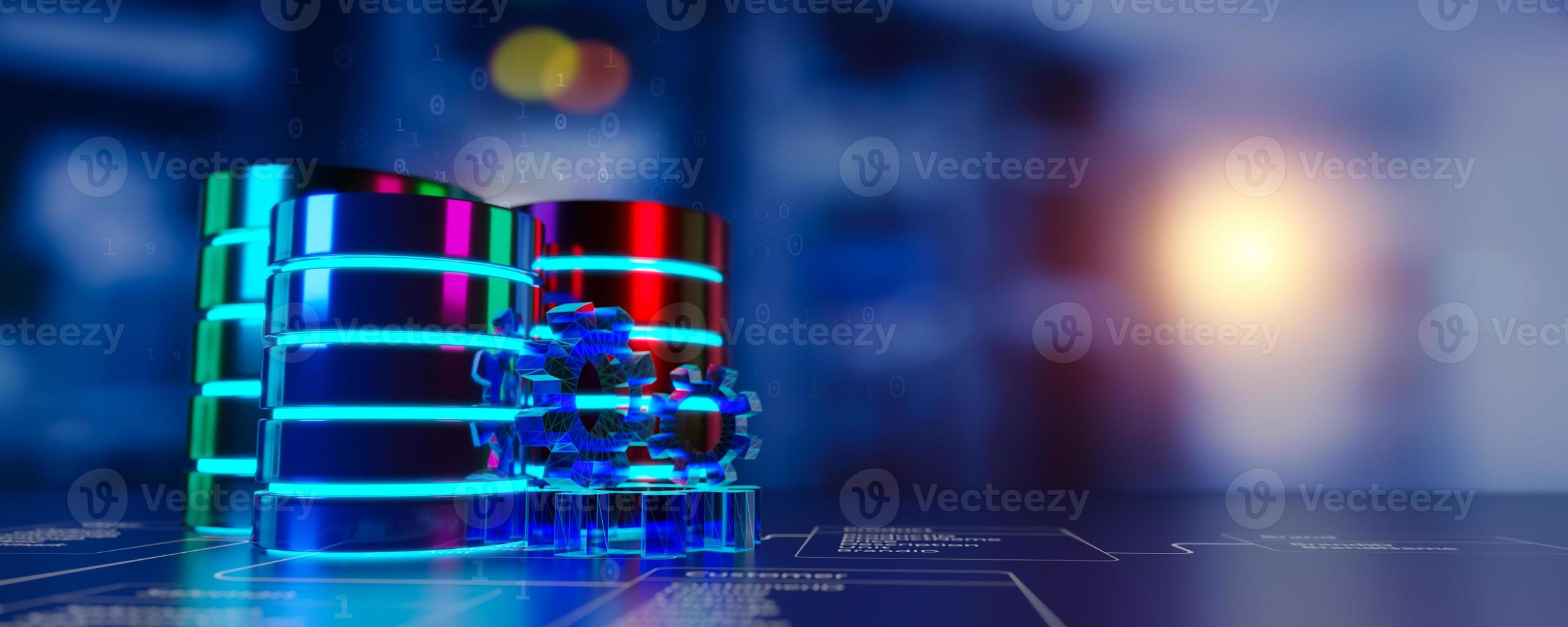 Panoramic view of multiple database is placed on Relational database tables with server room ...