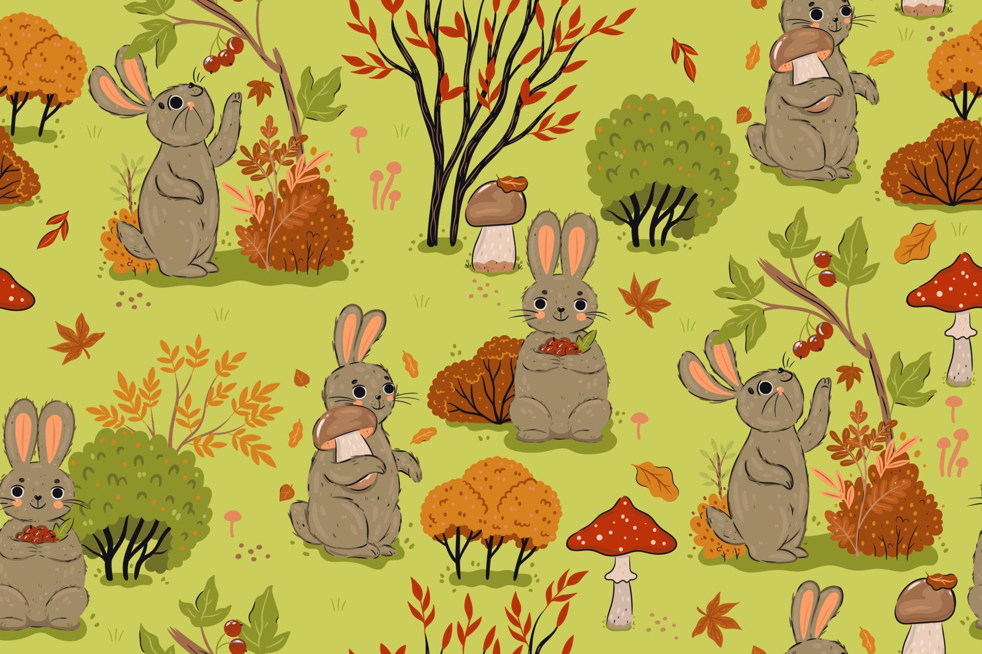 Seamless pattern with rabbits in the autumn forest. Vector graphics ...