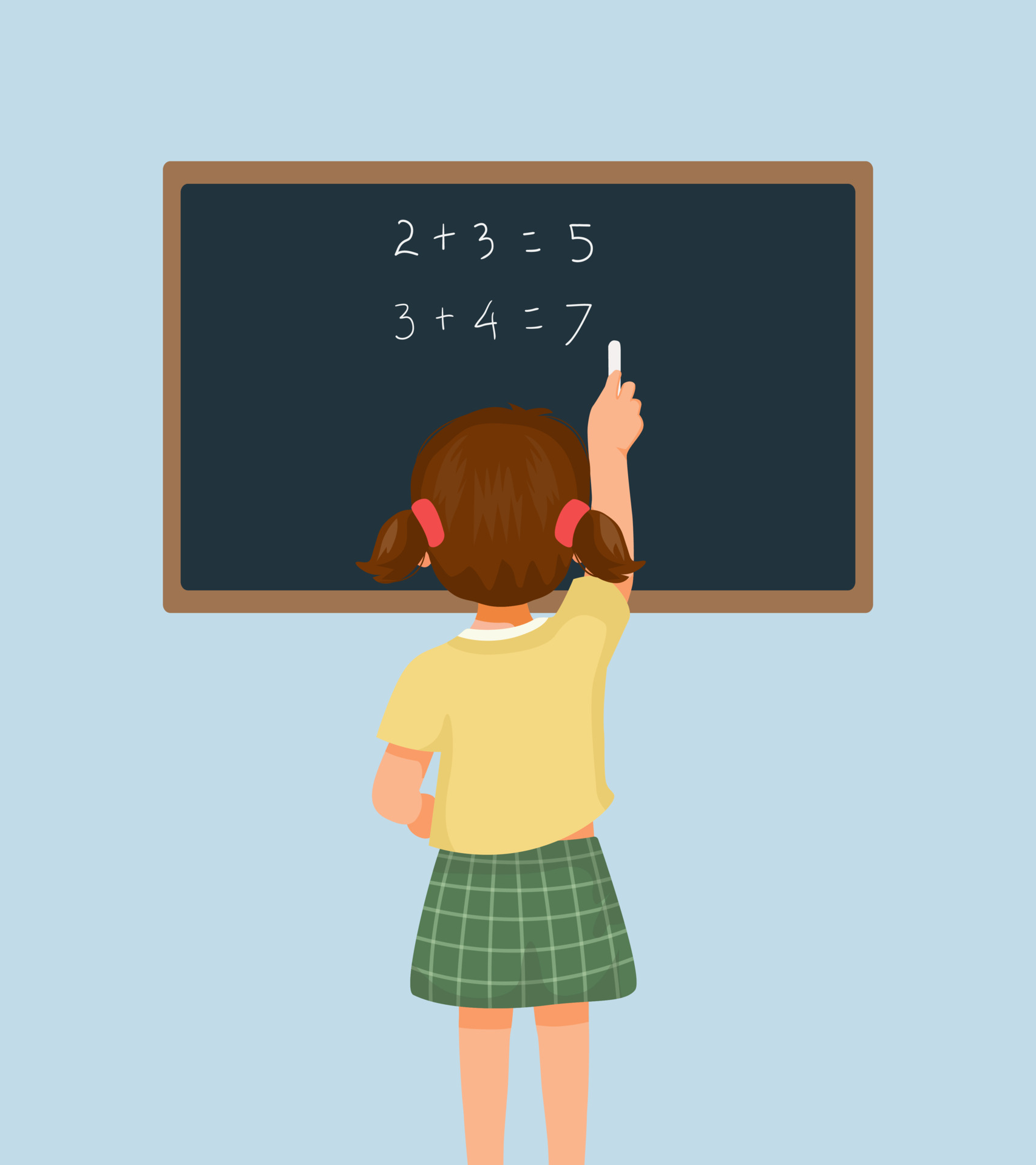 Back view of cute little girl student write on blackboard math equation ...