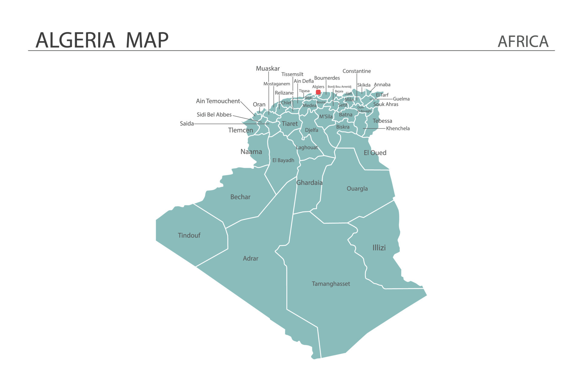 Algeria map vector illustration on white background. Map have all province and mark the capital ...