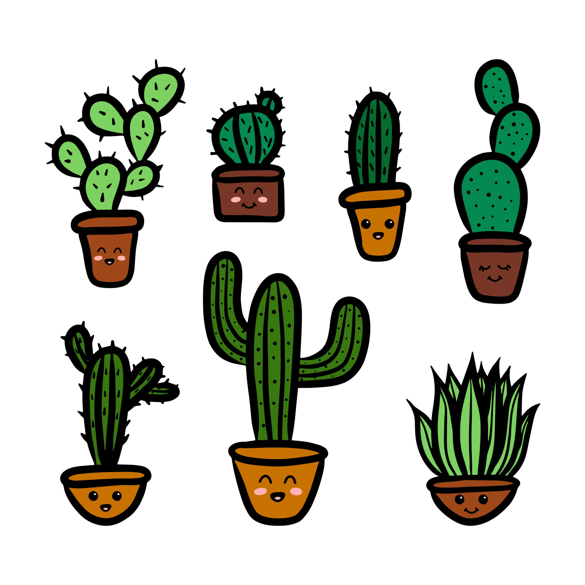 Cute Doodle Style Kawaii Cactus Vector Isolated Set 10377941 Vector Art