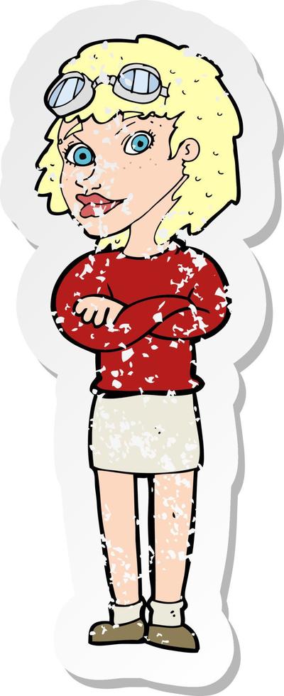 retro distressed sticker of a cartoon woman with crossed arms and ...