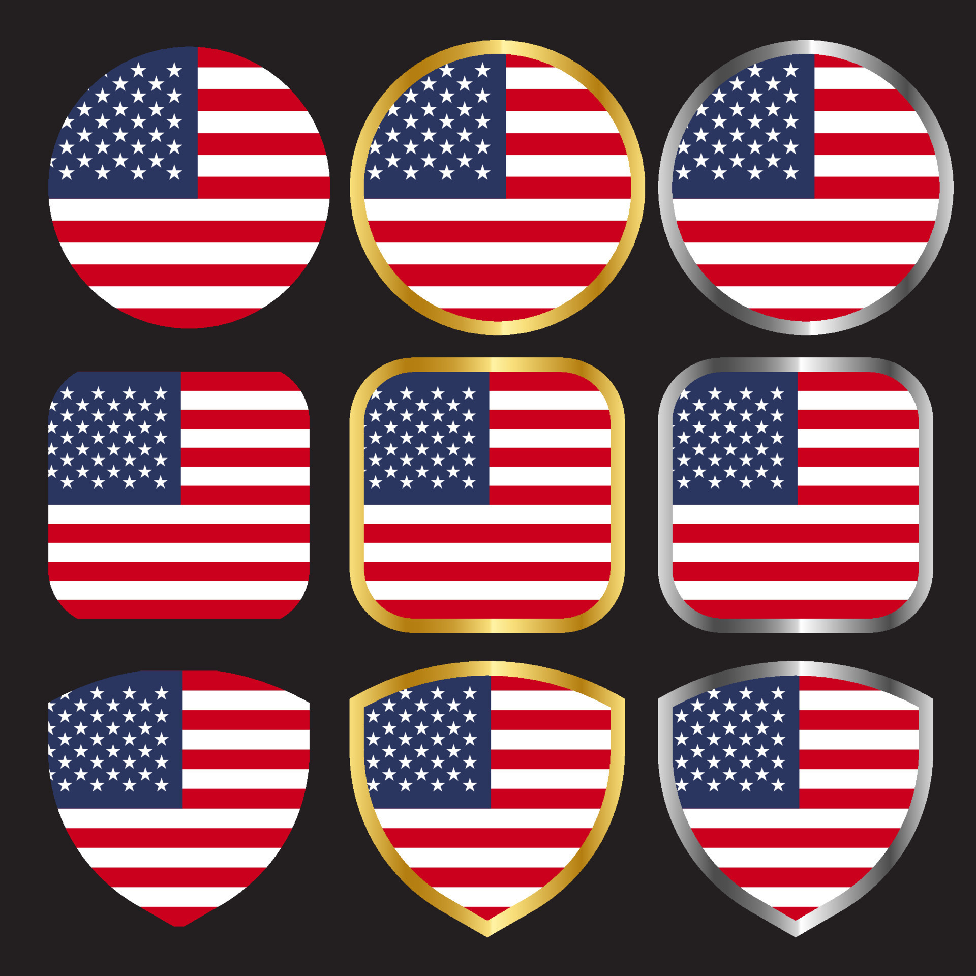 American Flag Vector Icon Set With Gold And Silver Border 10384007