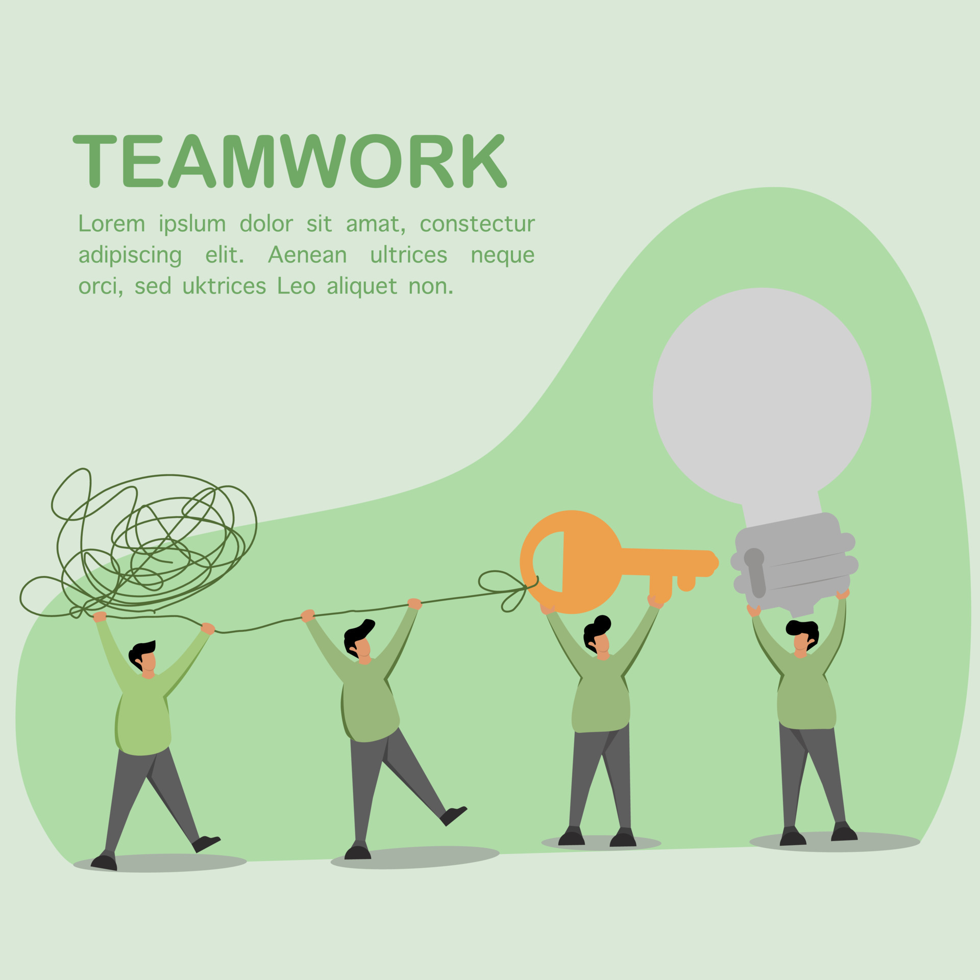 flat design of four people working together to turn on the light. This ...