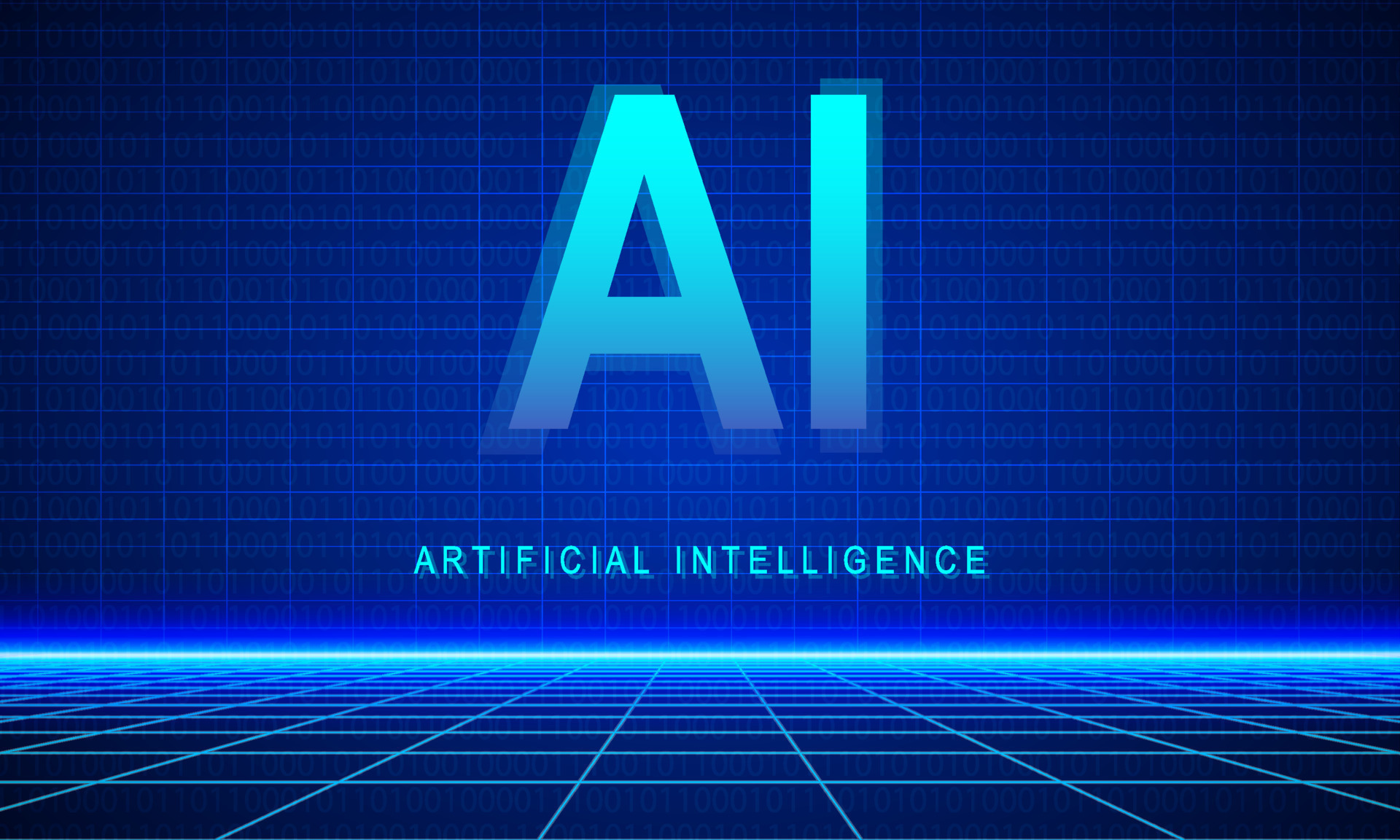 AI text with neon line on binary code background. science fiction matrix. Artificial ...