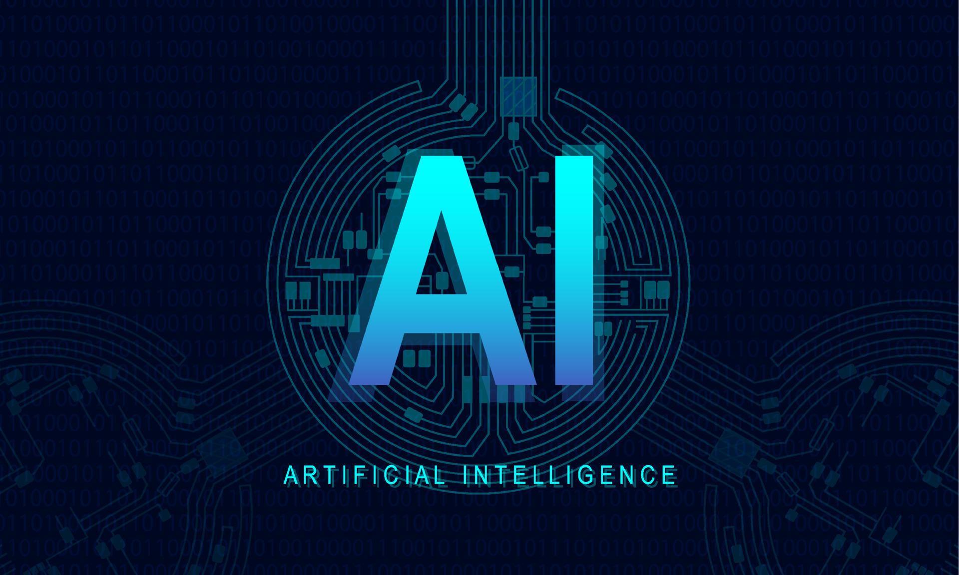 AI text with circuit lines on binary code background. Artificial ...