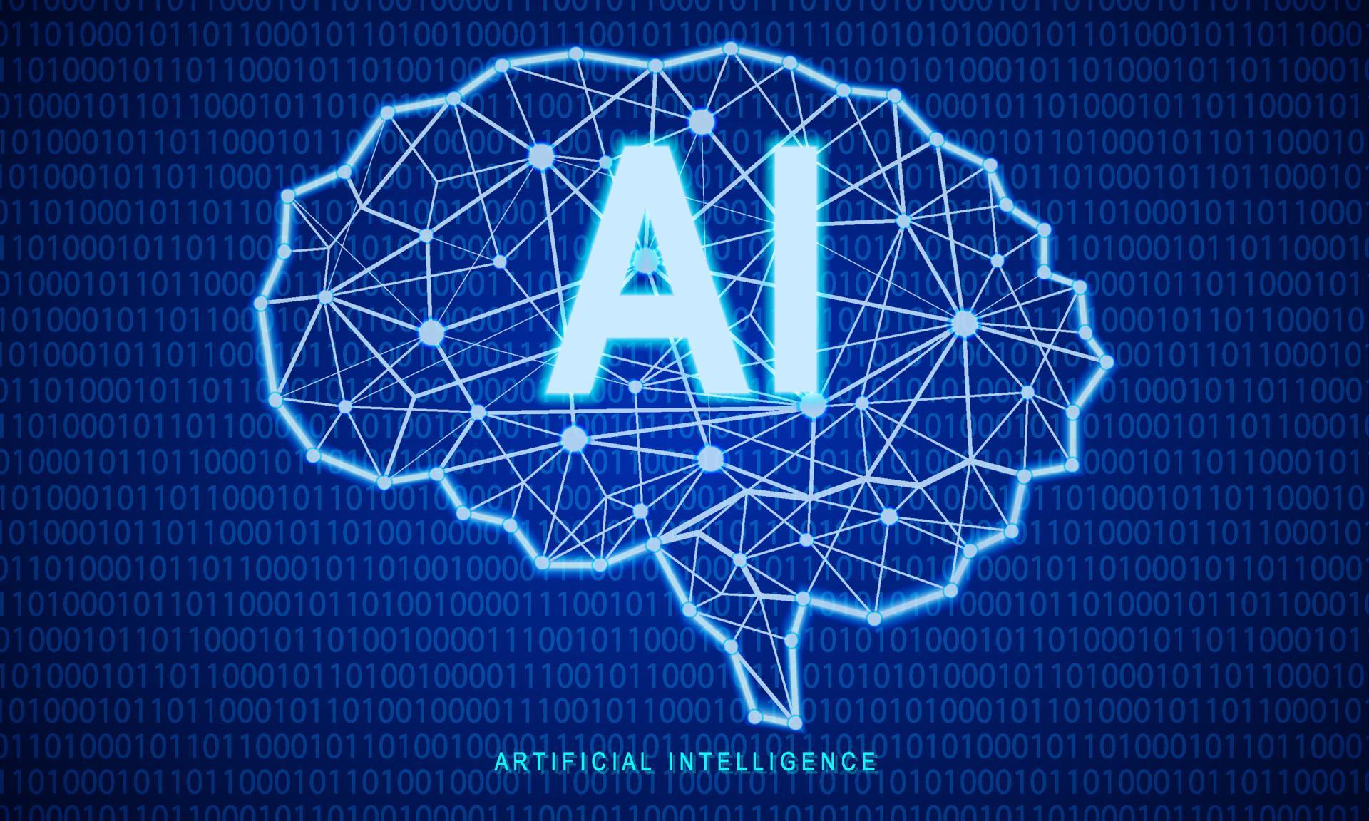 Neon lines on binary code background. Polygon brain. Artificial ...