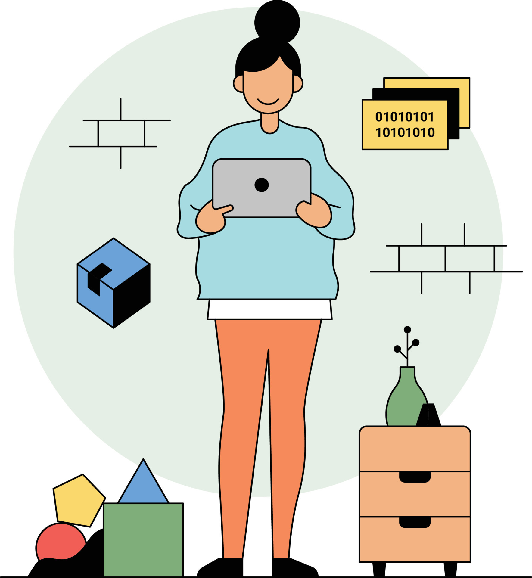 Woman standing with laptop and testing the package and coding script ...