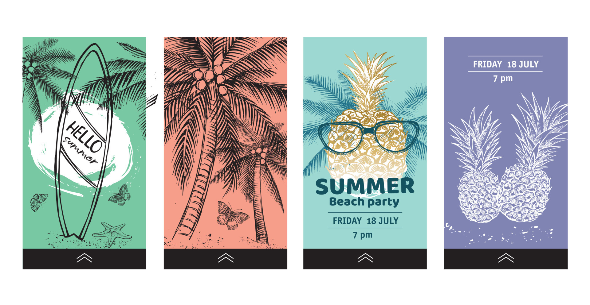 Editable Stories template. Hello Summer, palm tree, glasses, pineapple ...
