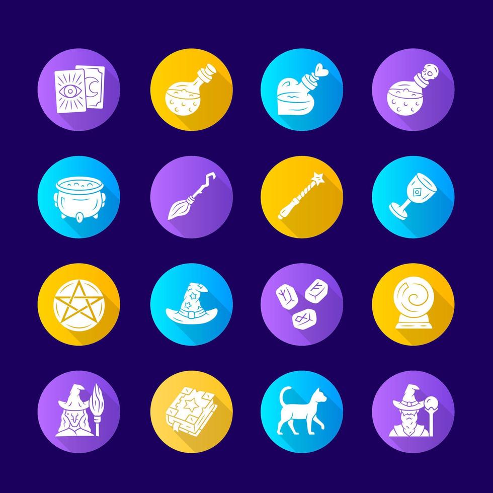 Magic Flat Design Long Shadow Glyph Icons Set Witchcraft Sorcery