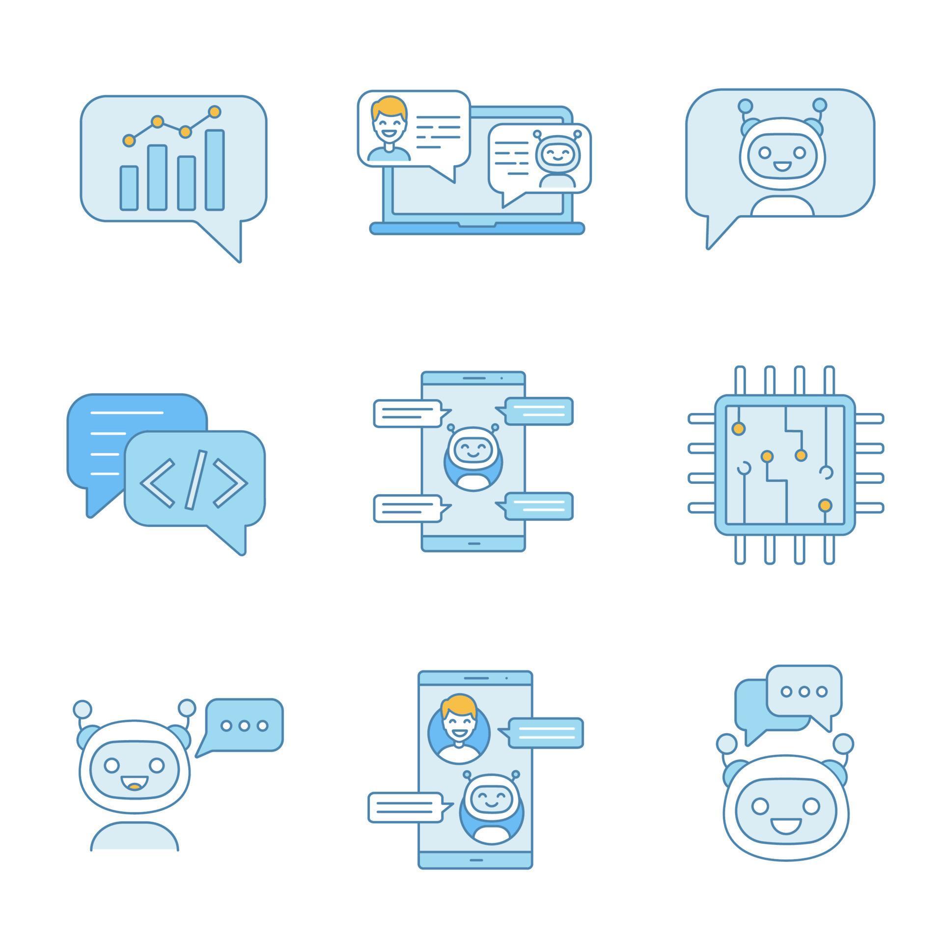 Chatbots Color Icons Set Talkbots Graph Support Code Messenger Chat Bots Modern Robots
