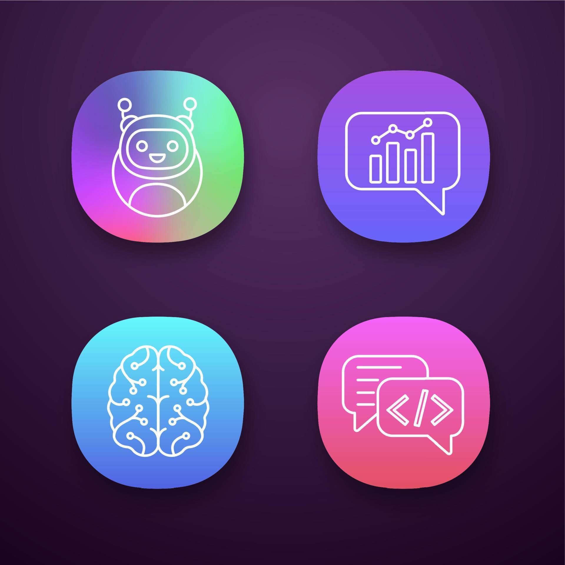 Chatbots App Icons Set Uiux User Interface Virtual Assistants Code Statistics Support Chat