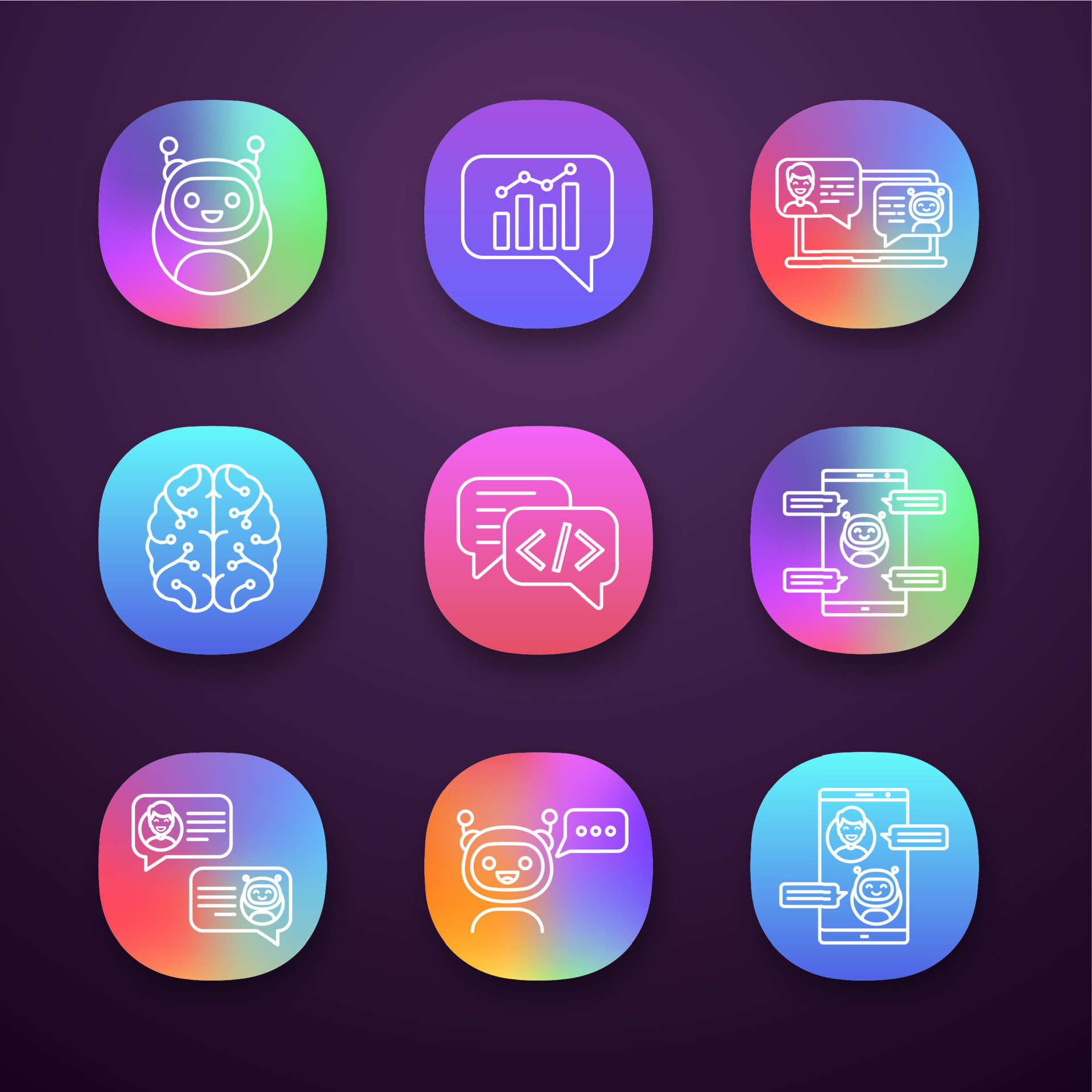 Chatbots App Icons Set Uiux User Interface Graph Support Code