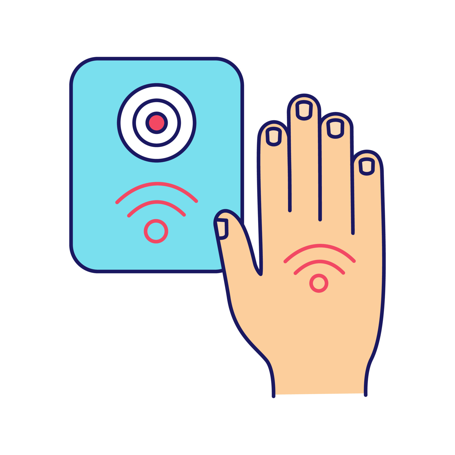 NFC reader color icon. RFID access control. NFC button and hand sticker. Near field ...