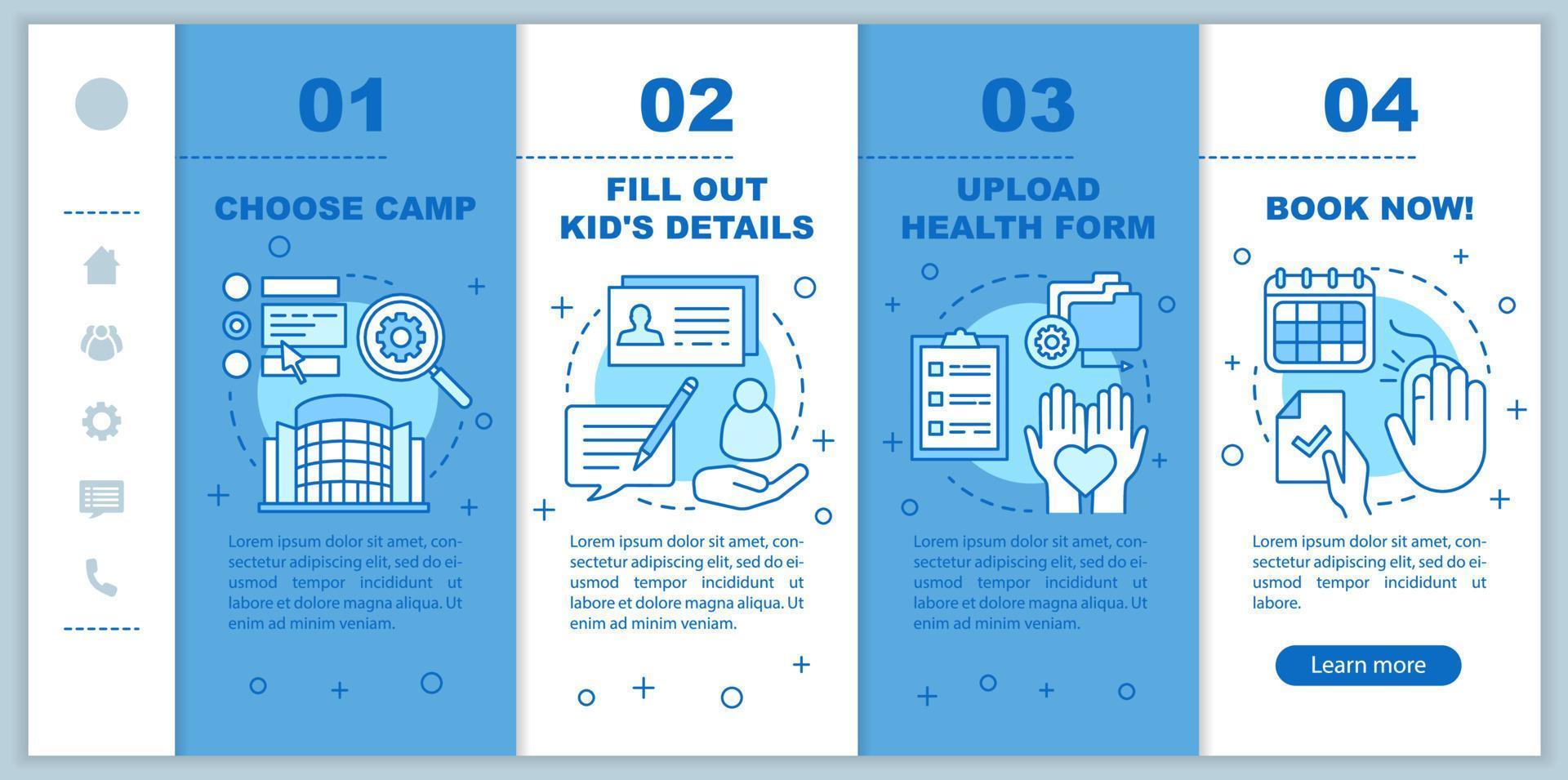 Camps Choice Booking Onboarding Mobile Web Pages Vector Template