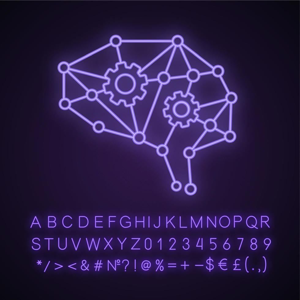 Deep learning AI neon light icon. Neurotechnology. Neural network with ...