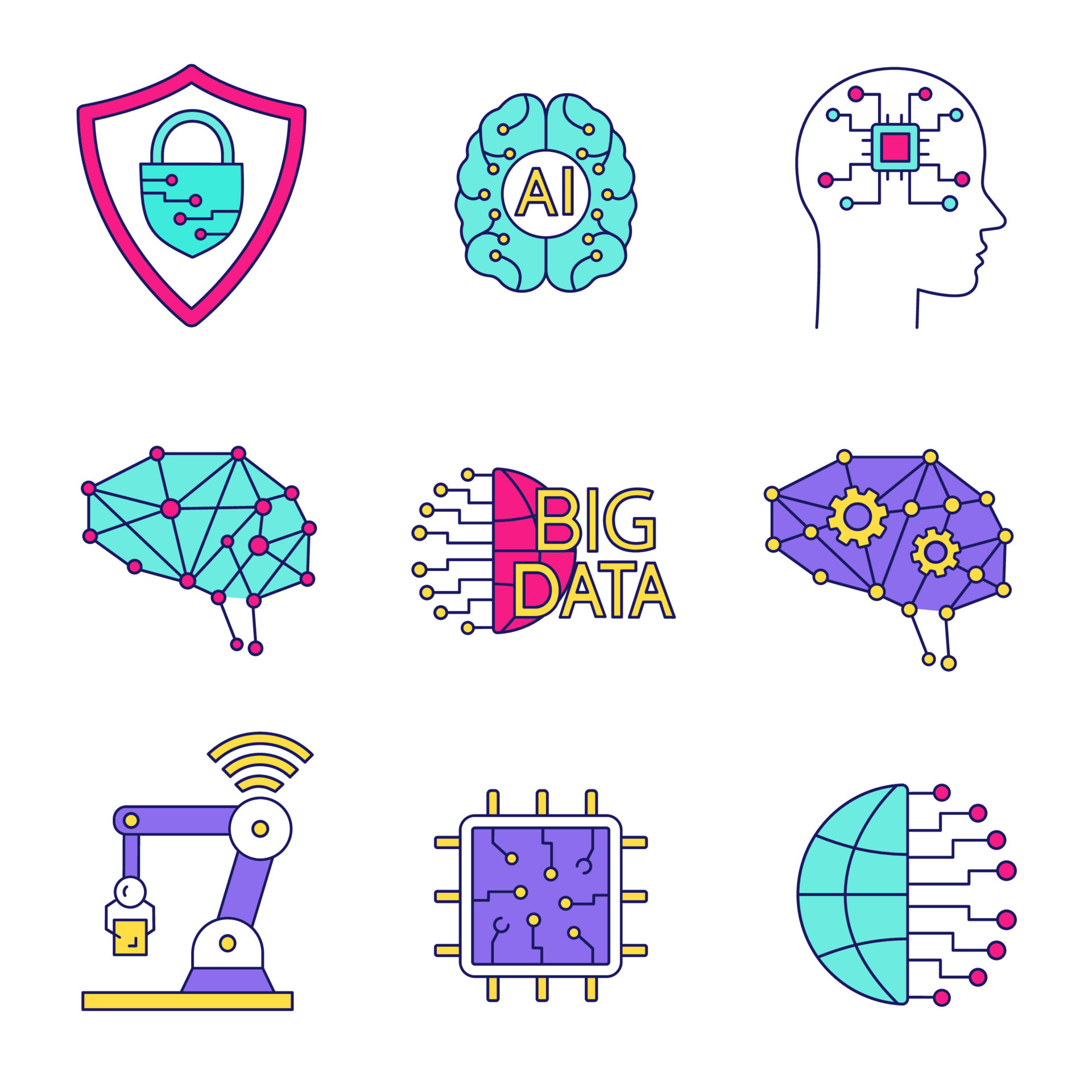 Artificial intelligence color icons set. Neurotechnology. Cybersecurity ... Artificial intelligence color icons set. Neurotechnology. Cybersecurity ...