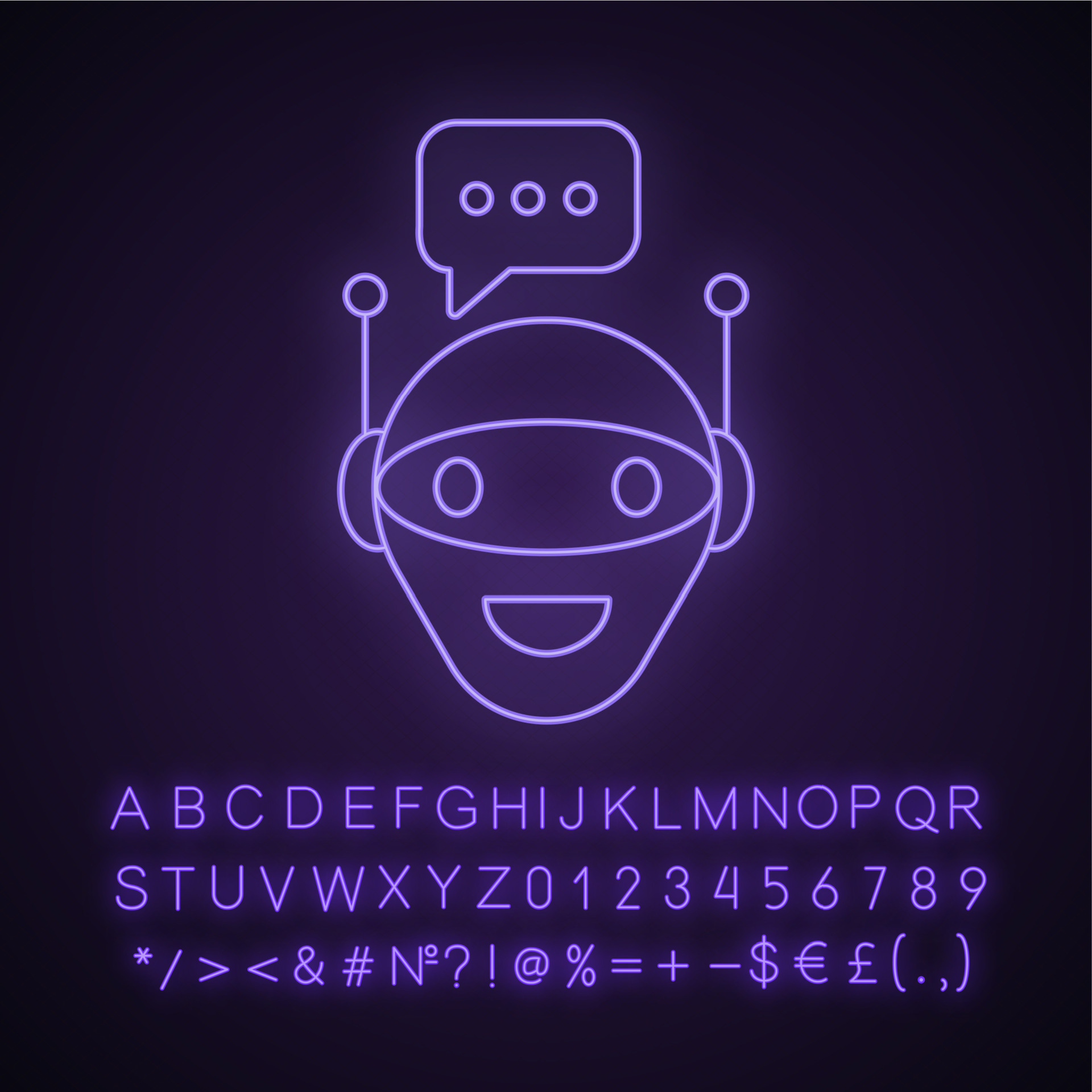 Chat bot neon light icon. Robot. Virtual assistant. Artificial intelligence. Glowing sign with ...