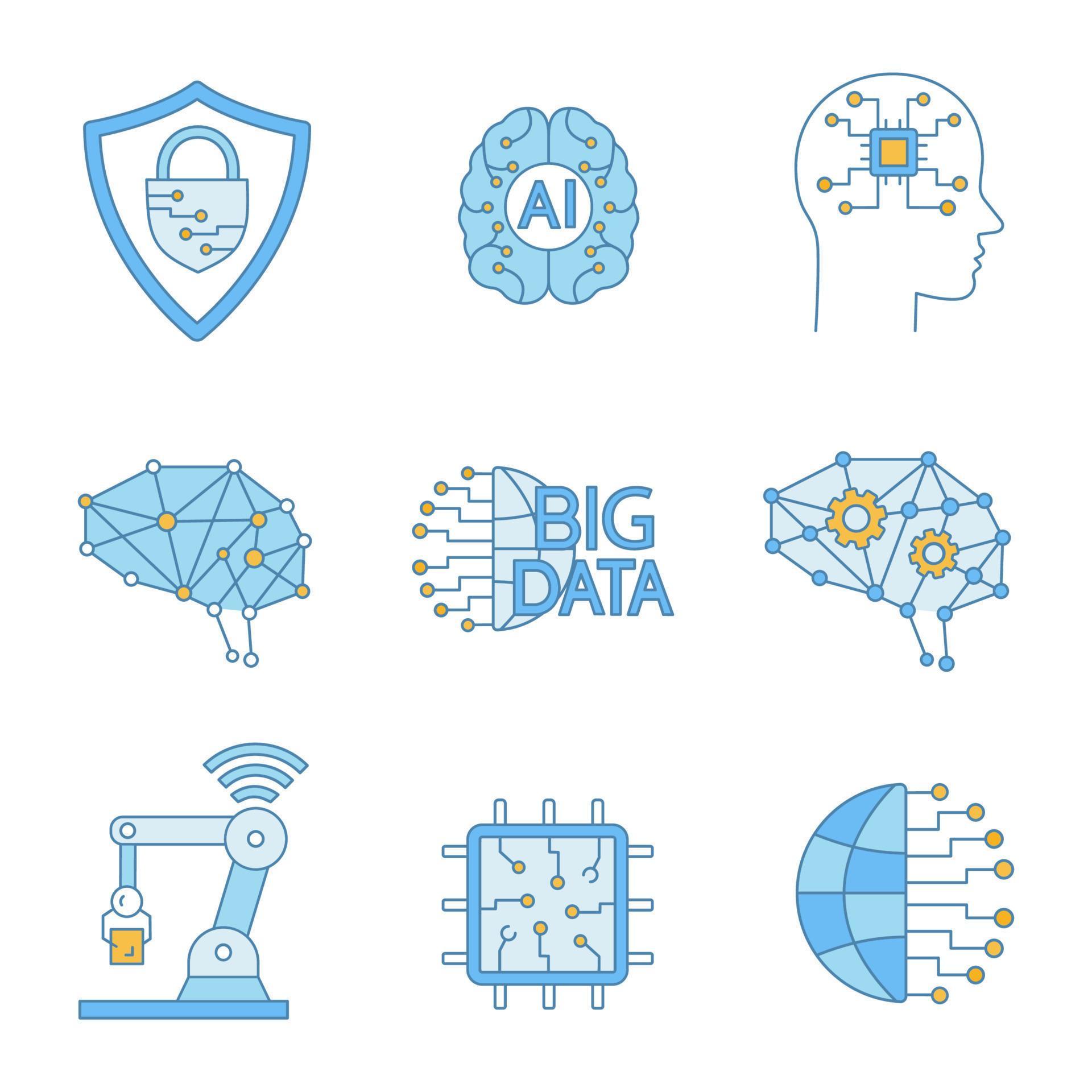 Artificial intelligence color icons set. Neurotechnology. Cybersecurity ...