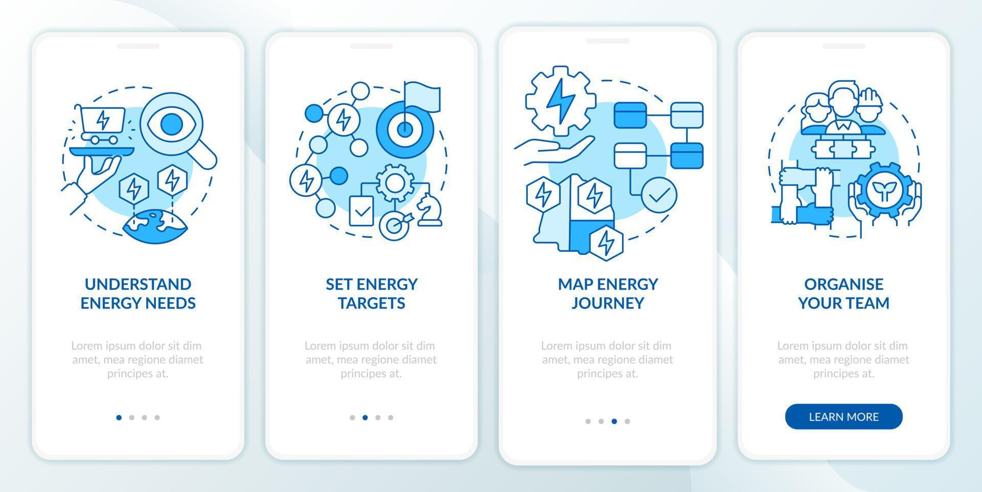 Guide To Energy Strategy Blue Onboarding Mobile App Screen Walkthrough 4 Steps Graphic