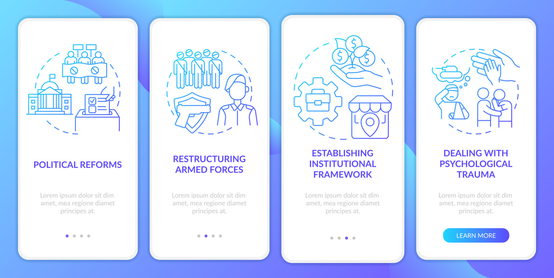War Torn Nation Restoration Blue Gradient Onboarding Mobile App Screen Walkthrough 4 Steps