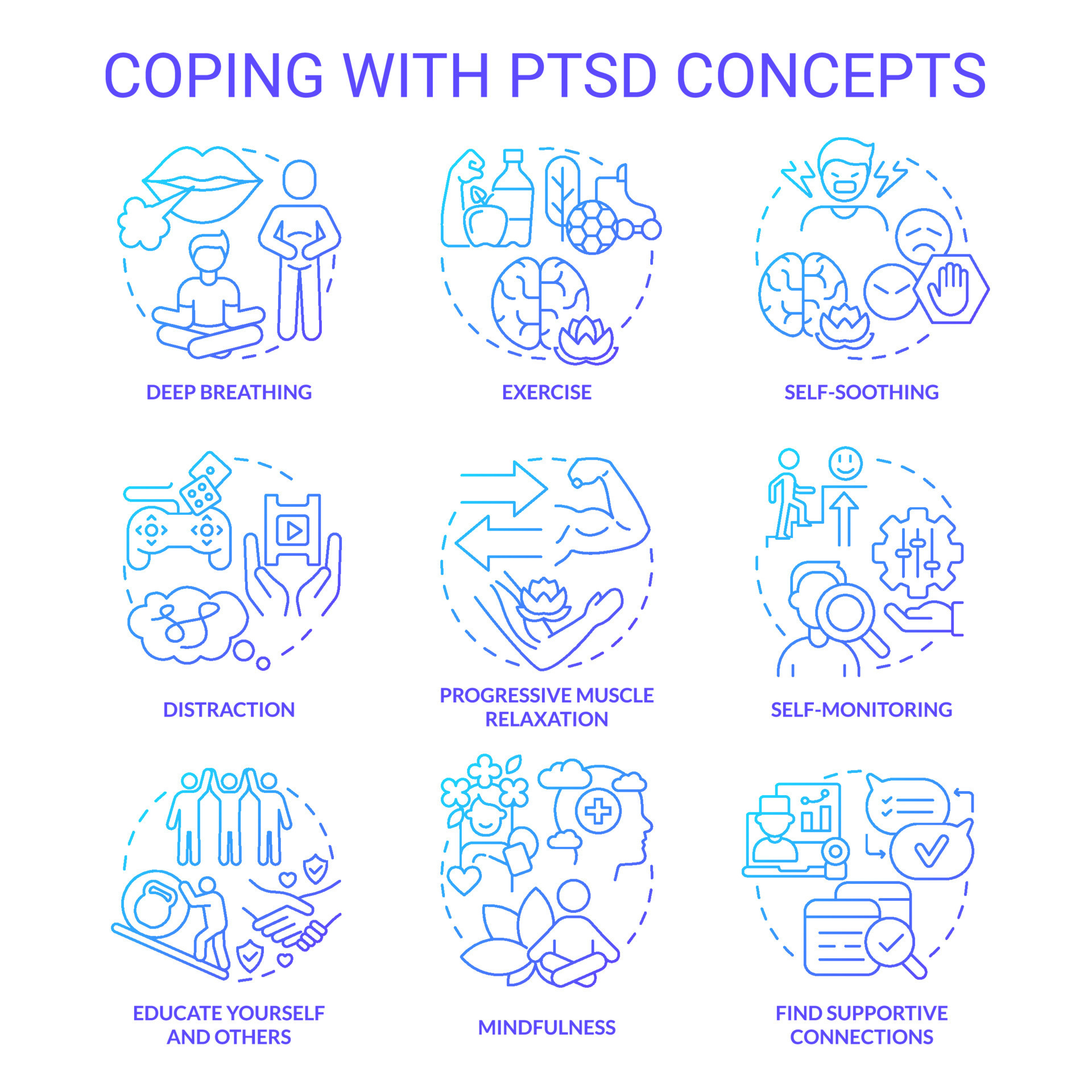 Coping with PTSD blue gradient concept icons set. Mental health ... Coping with PTSD blue gradient concept icons set. Mental health ...