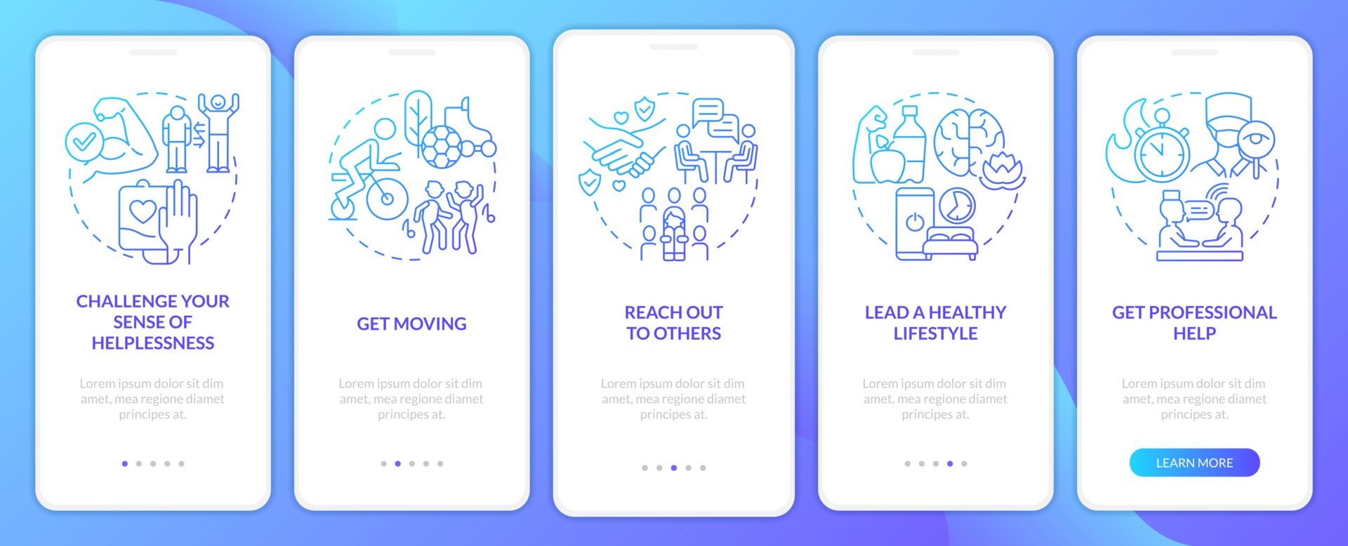 Self Help With Ptsd Blue Gradient Onboarding Mobile App Screen Healing Walkthrough 5 Steps