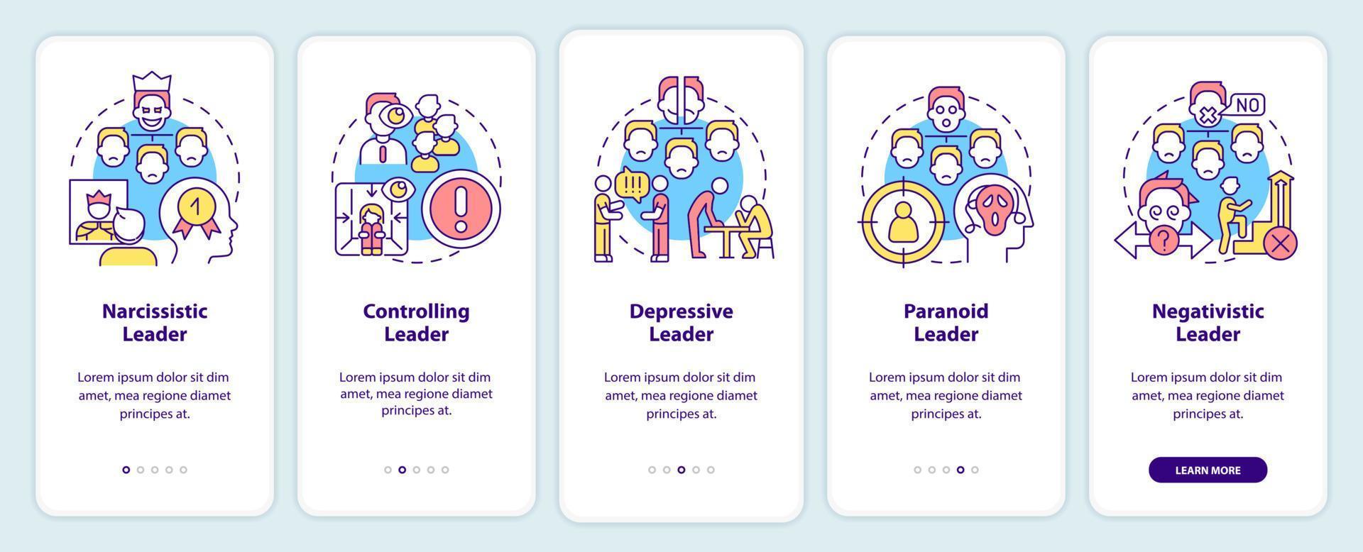 Types of toxic leaders onboarding mobile app screen. Abusive boss ...