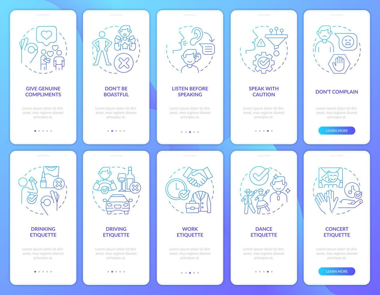 Etiquette blue gradient onboarding mobile app screen set. Basic rules walkthrough 5 steps ...
