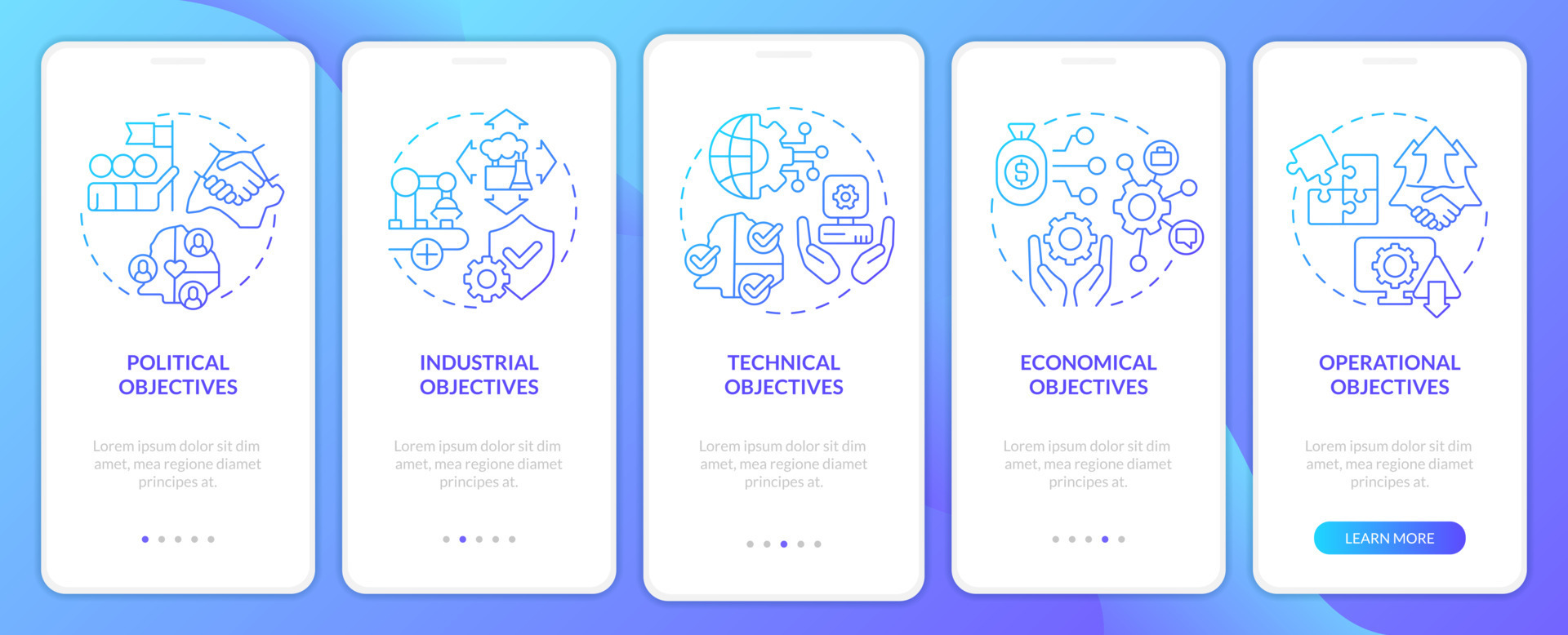World cooperation objectives blue gradient onboarding mobile app screen. Walkthrough 5 steps ...
