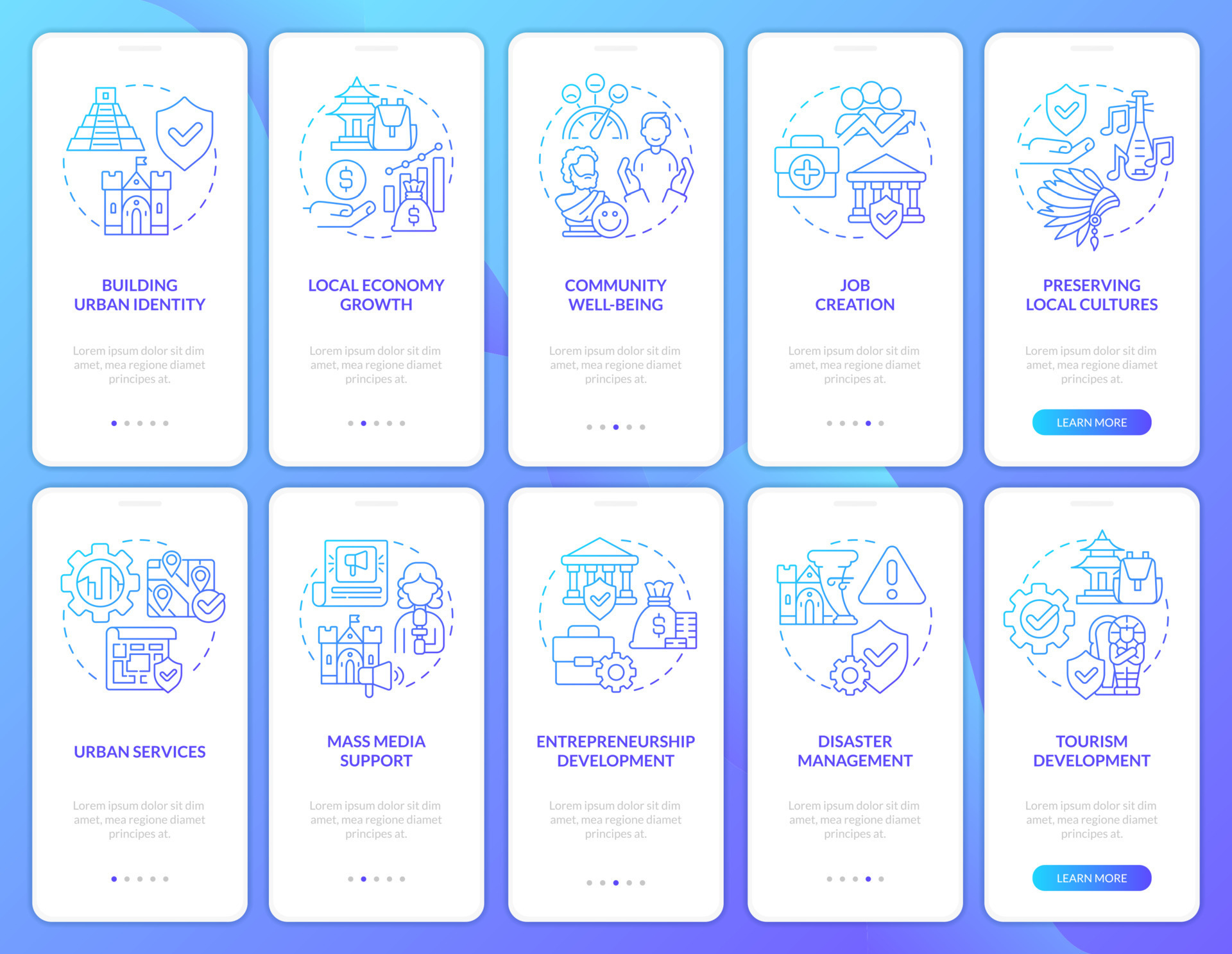 Heritage Conservation Blue Gradient Onboarding Mobile App Screen Set Walkthrough 5 Steps