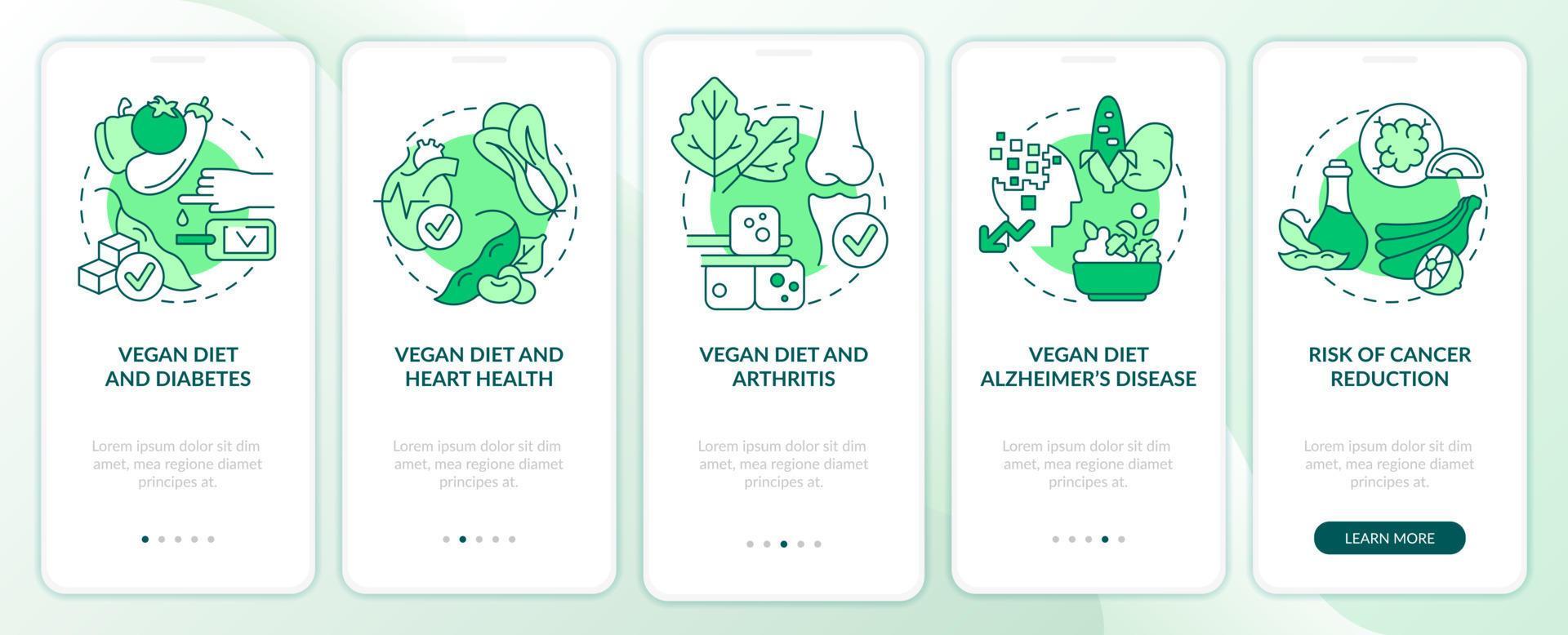 Vegan Diet And Illnesses Green Onboarding Mobile App Screen Walkthrough 5 Steps Graphic