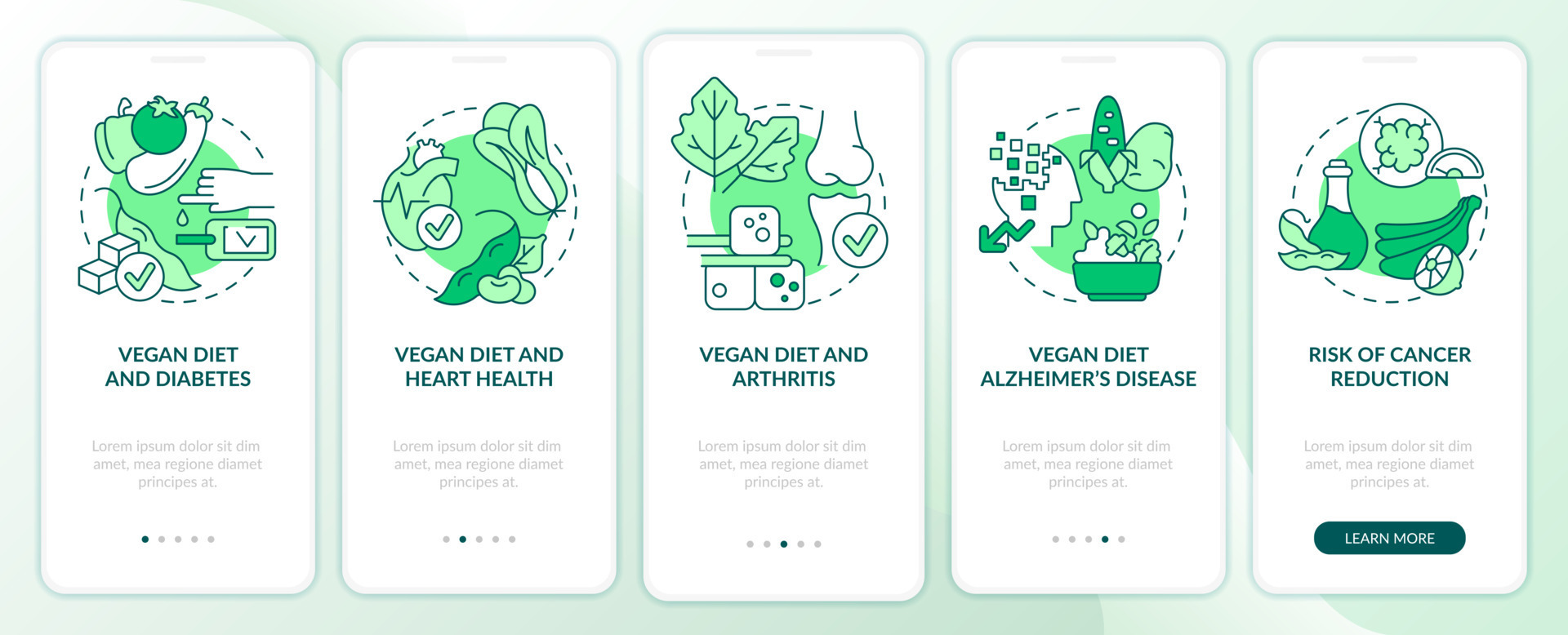 Vegan Diet And Illnesses Green Onboarding Mobile App Screen Walkthrough 5 Steps Graphic