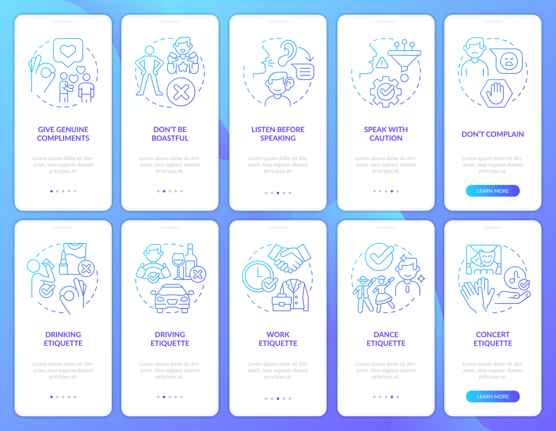 Etiquette Blue Gradient Onboarding Mobile App Screen Set Basic Rules Walkthrough 5 Steps