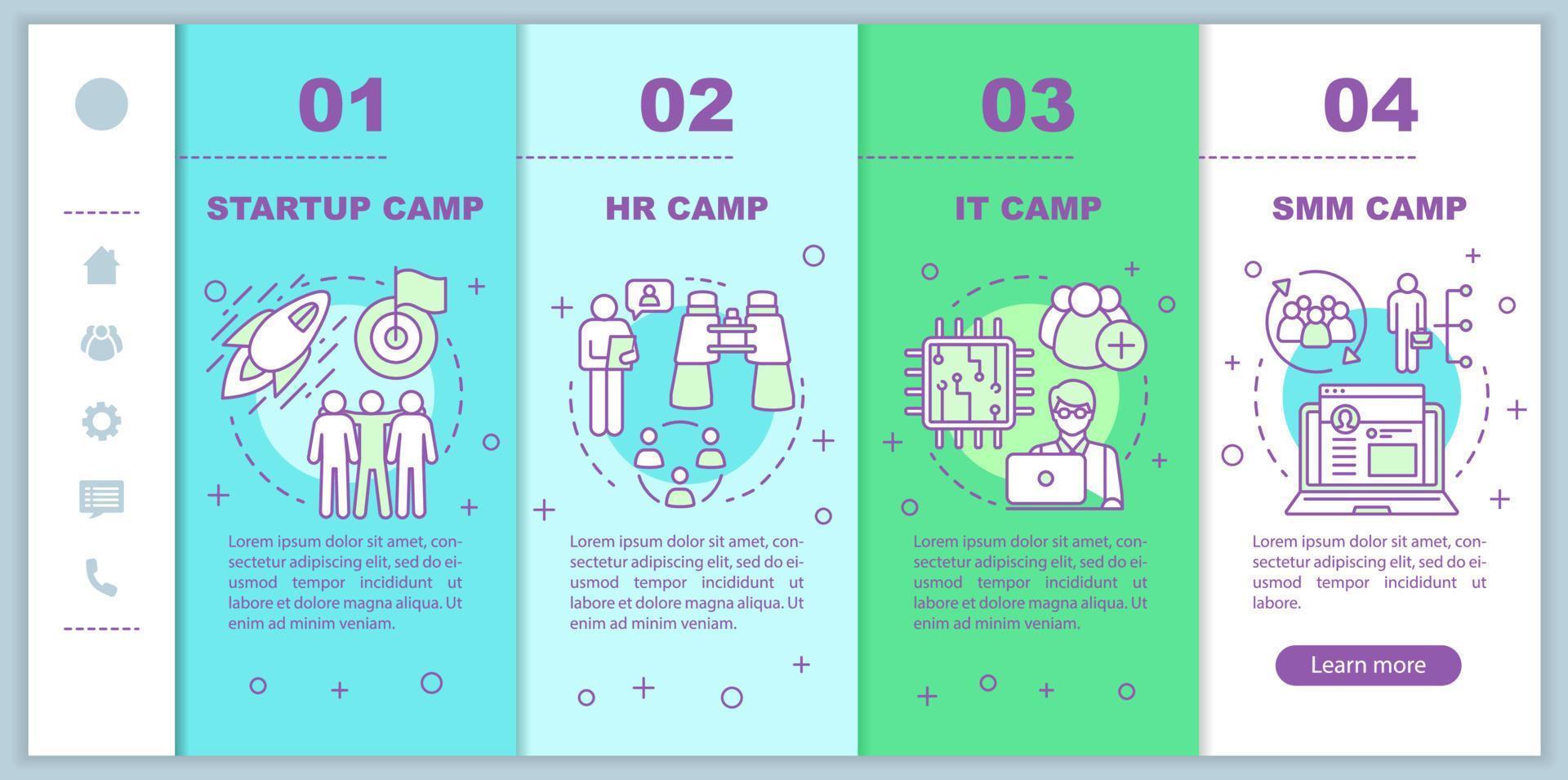 Startup, company, corporate camps onboarding mobile web pages vector template. Responsive ...