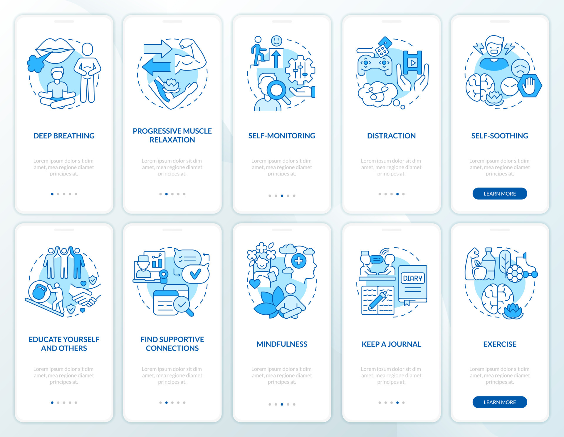 Coping With Ptsd Blue Onboarding Mobile App Screen Set Mental Health