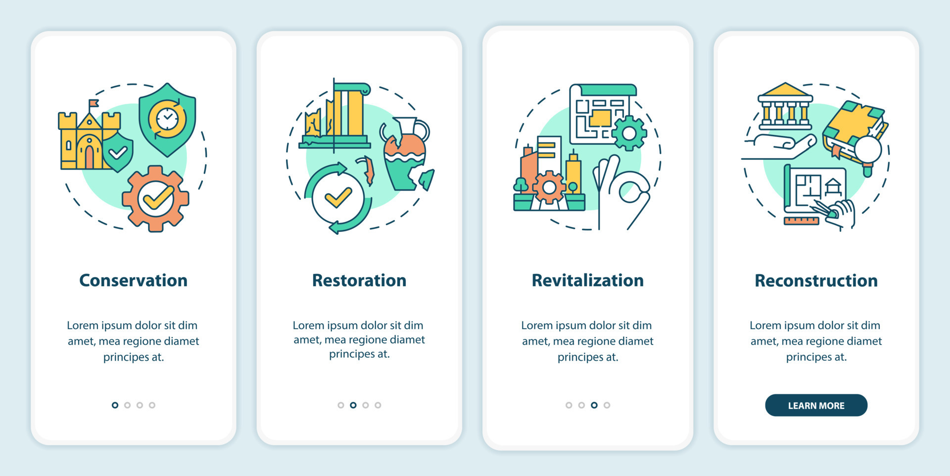 Cultural heritage preservation types onboarding mobile app screen ... Cultural heritage preservation types onboarding mobile app screen ...