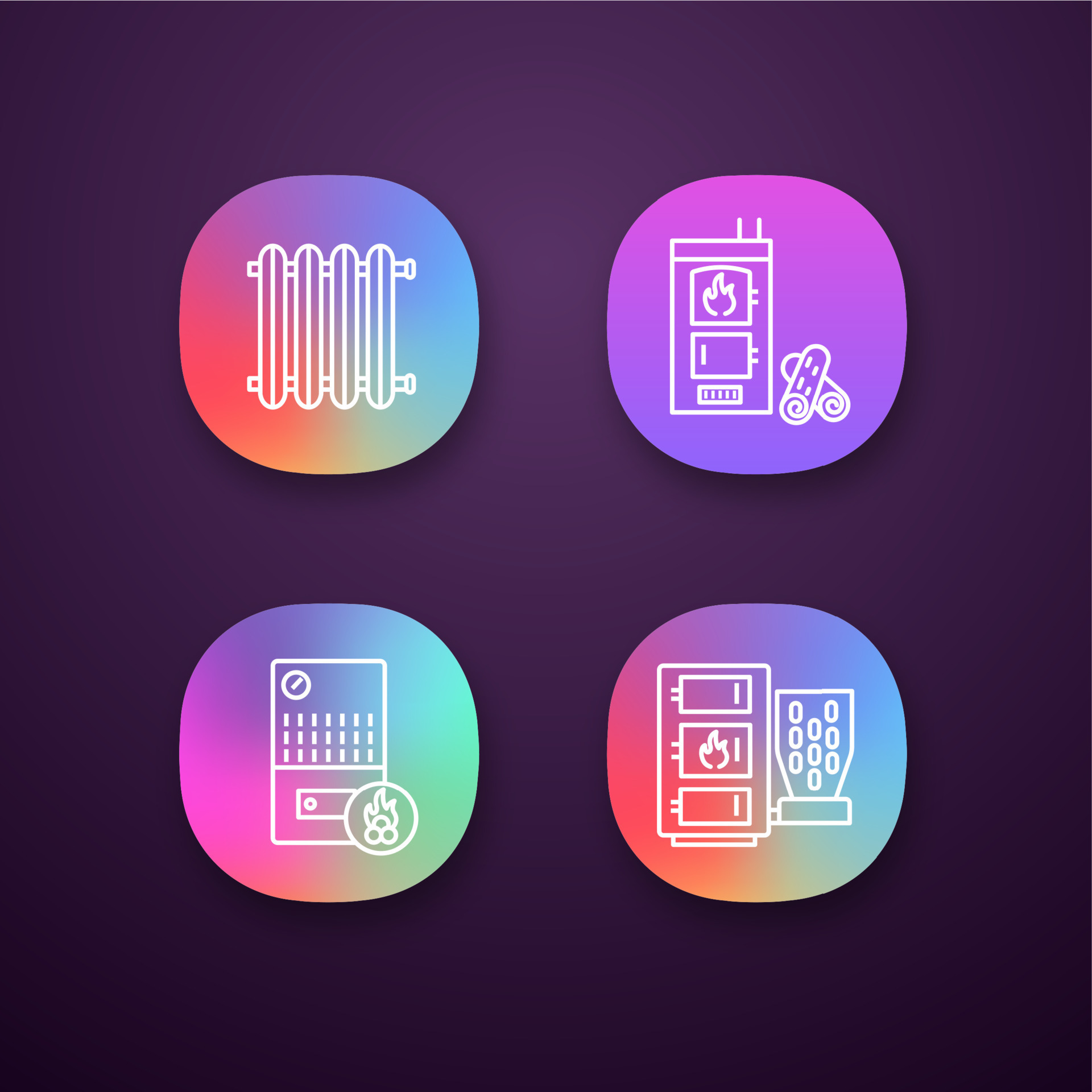 Heating App Icons Set Radiator Firewood And Pellet Boiler Solid Fuel