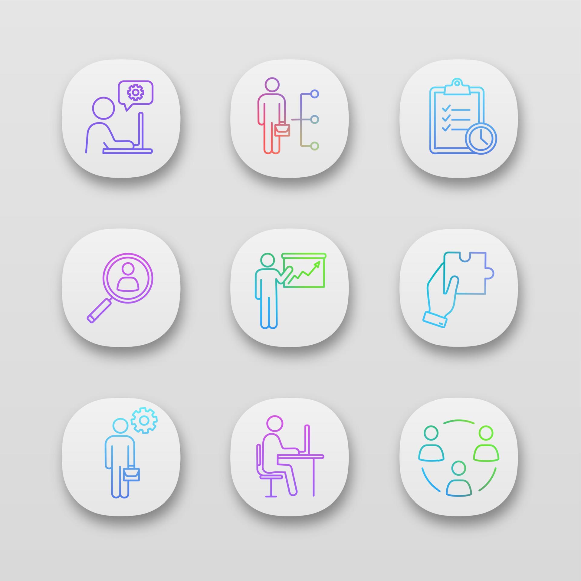 Business management app icons set. UI UX user interface. Technical chat ...