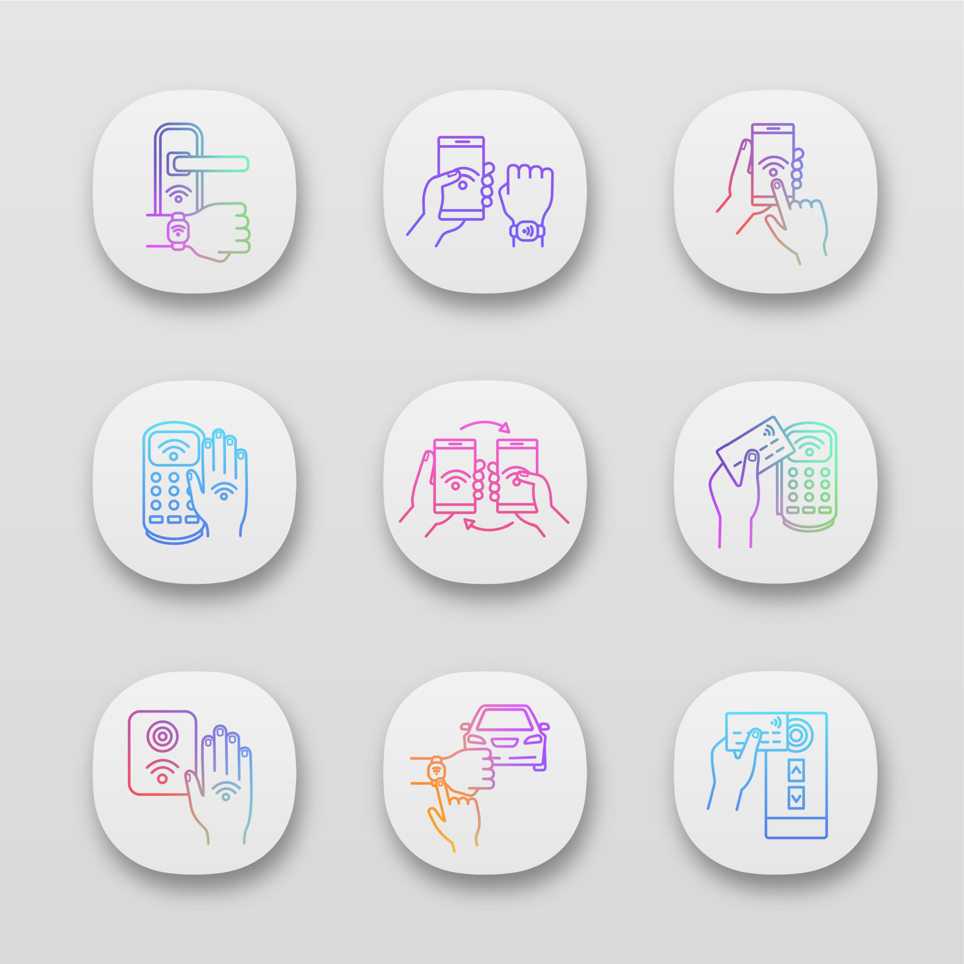 Nfc Technology App Icons Set Nfc Bracelet Door Lock Data Transfer