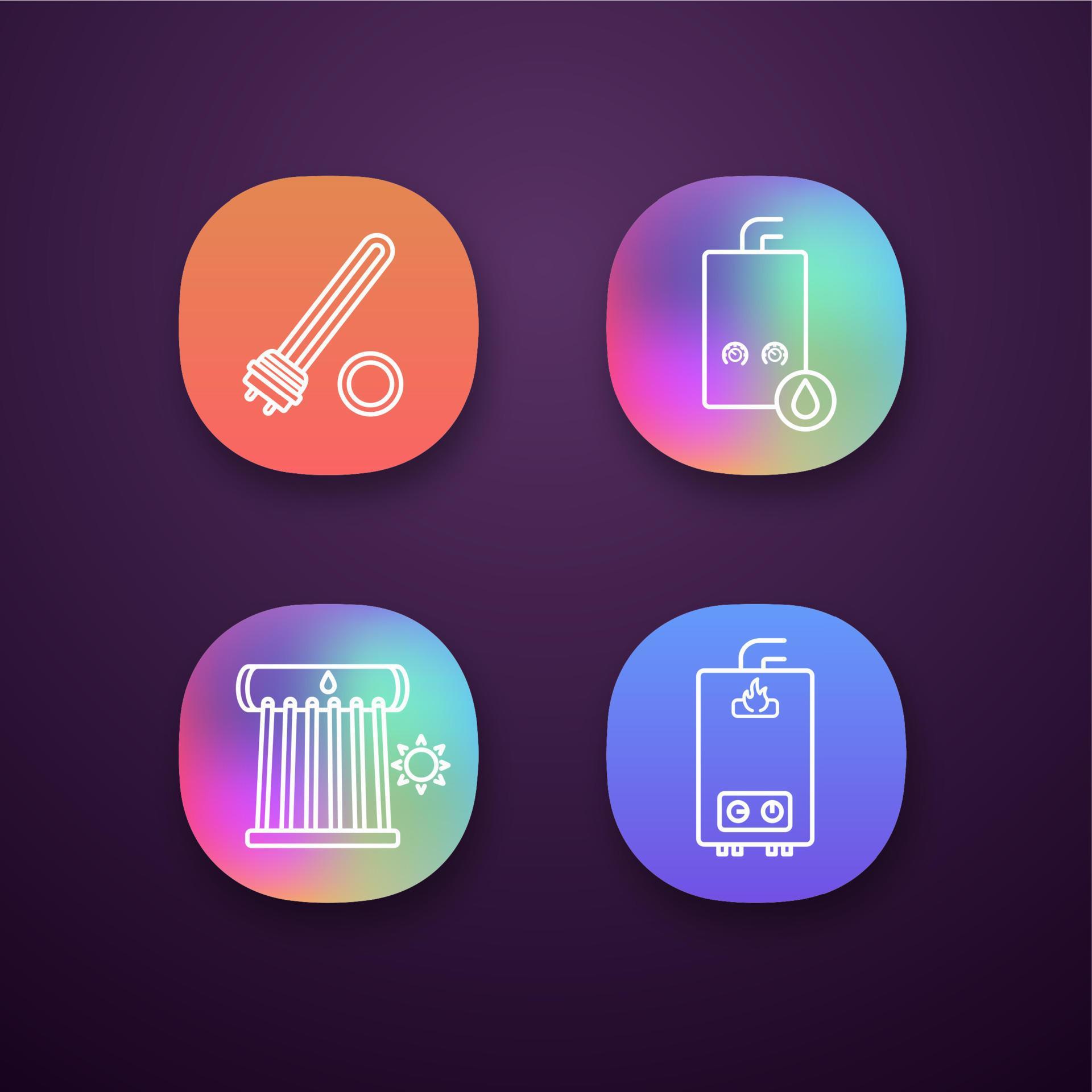 Heating app icons set. UI UX user interface. Electric and gas water heaters, heating boiler ...