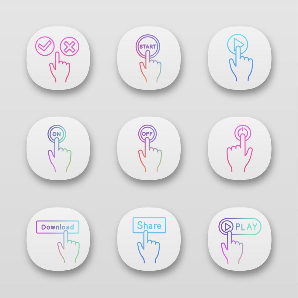 Click app icons set. Accept and decline, start, play, turn on and off, power, download, share ...