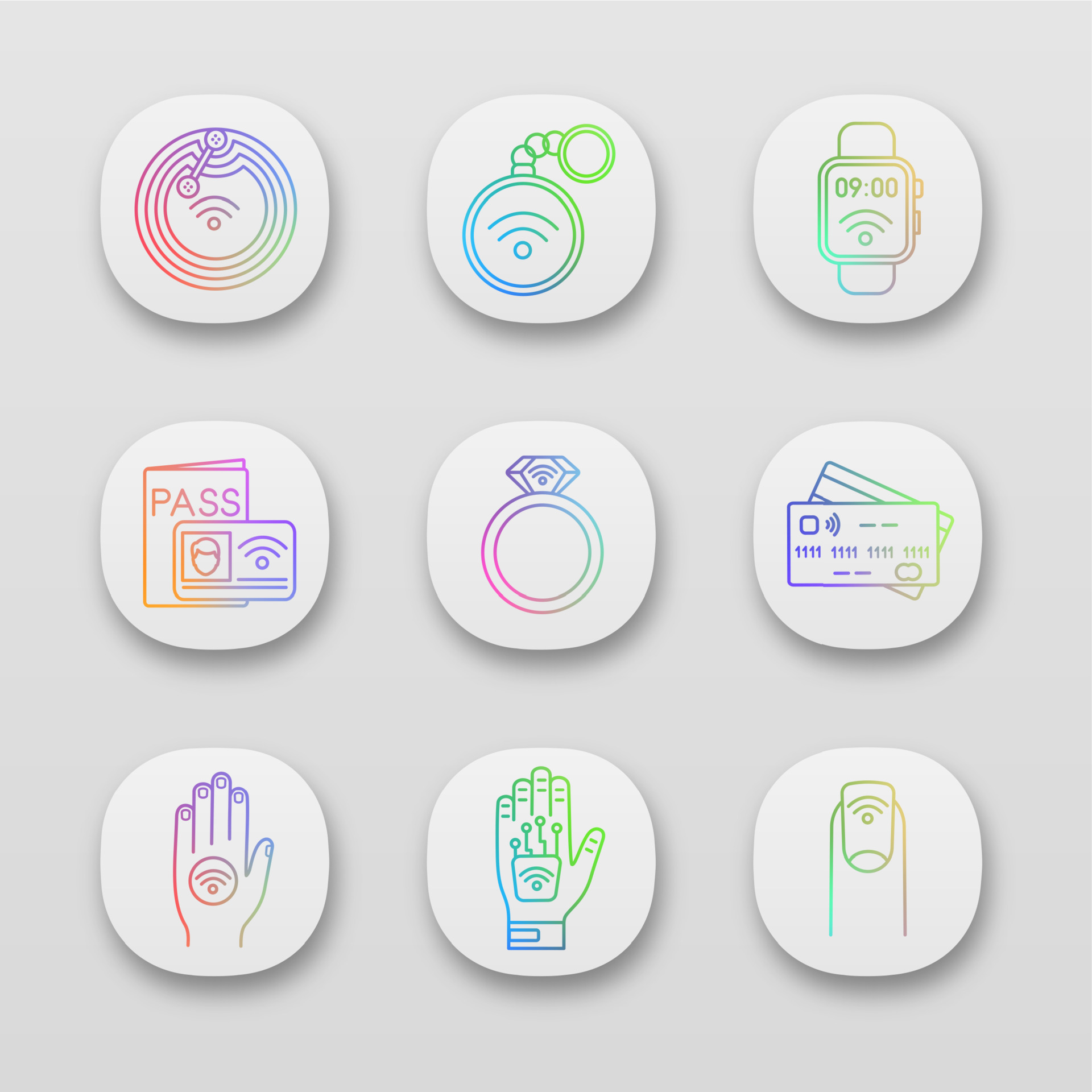 Nfc Technology App Icons Set Near Field Chip Trinket Smartwatch