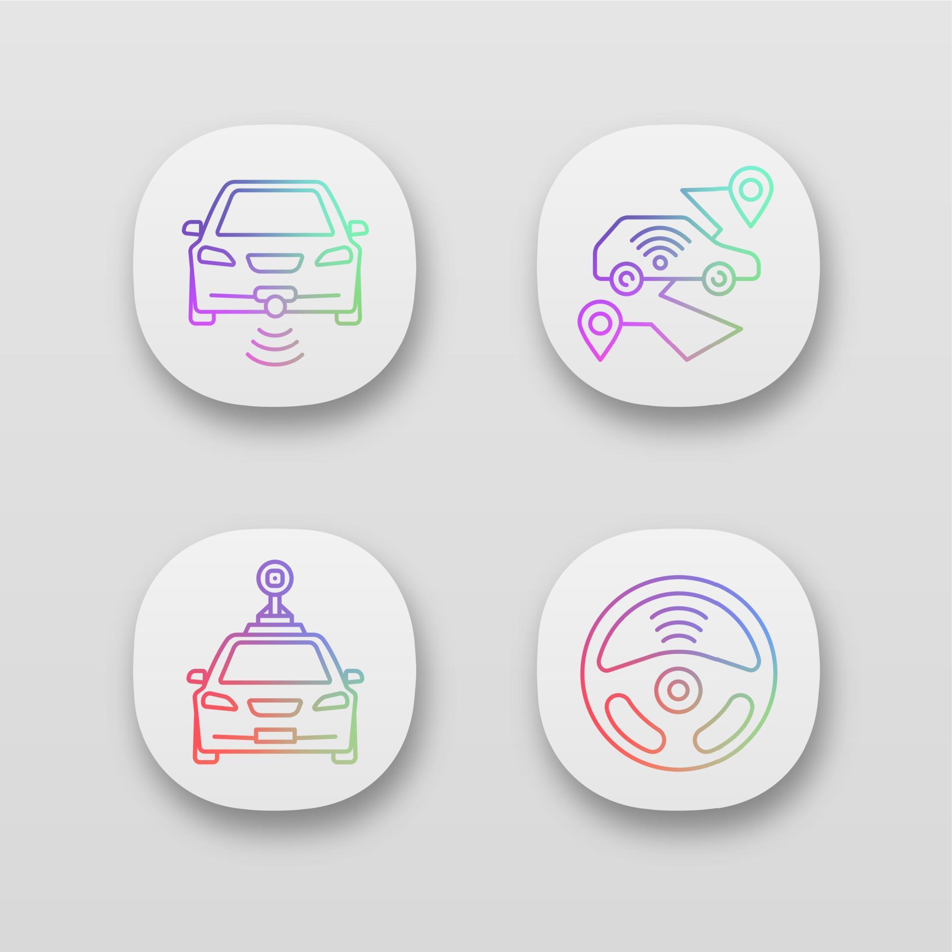 Smart cars app icons set. NFC autos. Intelligent vehicles. Self driving ...